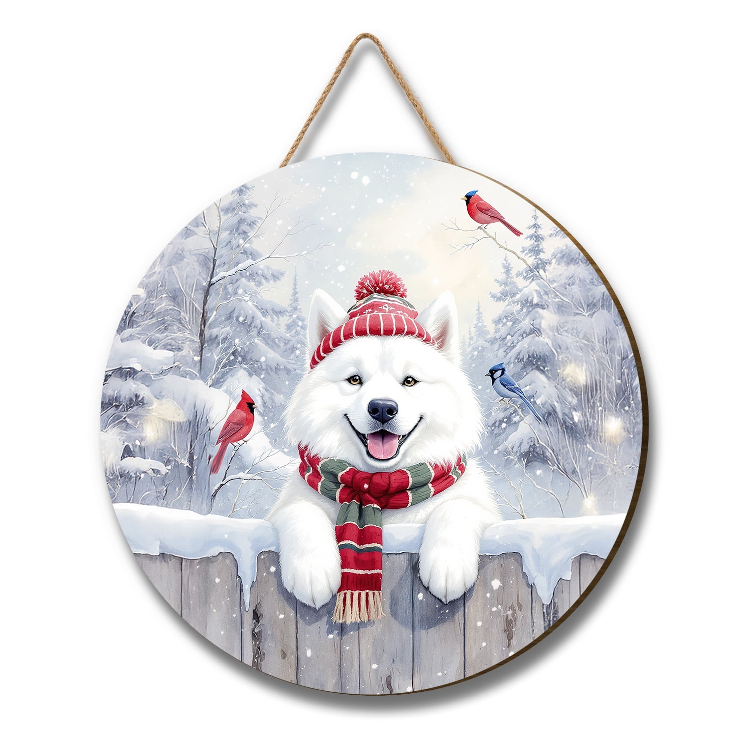 Playful Samoyed Welcomes Winter Snowy Day with Cardinal Bird Round Wood ...