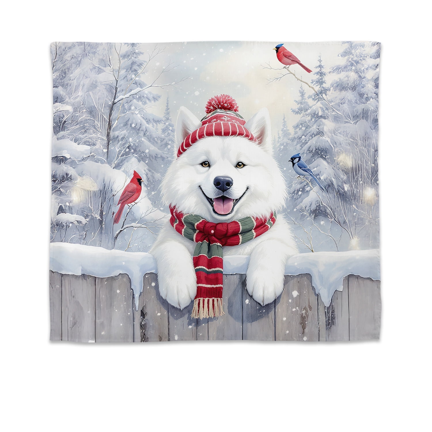 Playful Samoyed Welcomes Winter Snowy Day with Cardinal Bird Tapestry ...