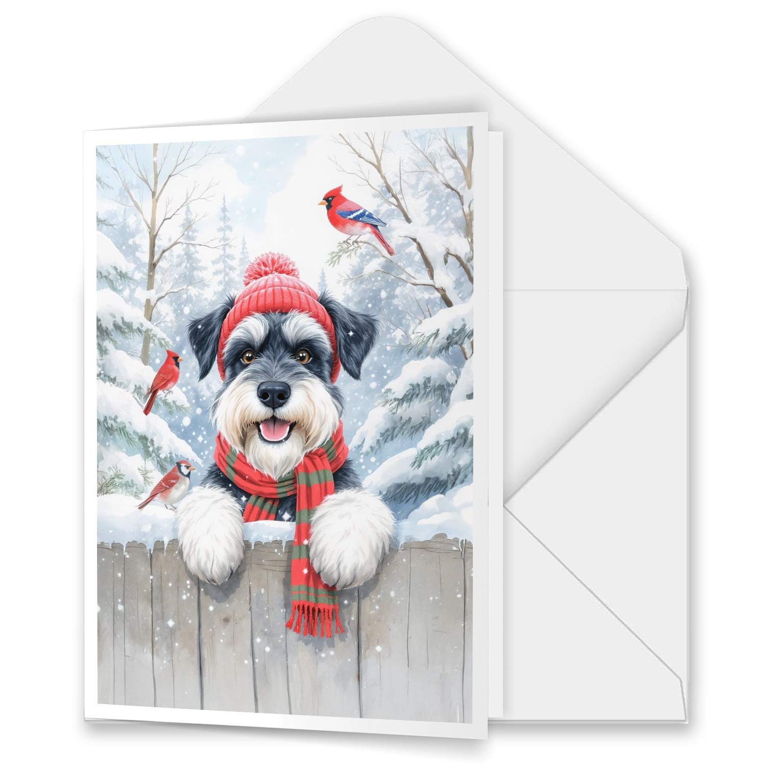 Playful Schnauzer Welcomes Winter Snowy Day with Cardinal Bird 5x7in ...