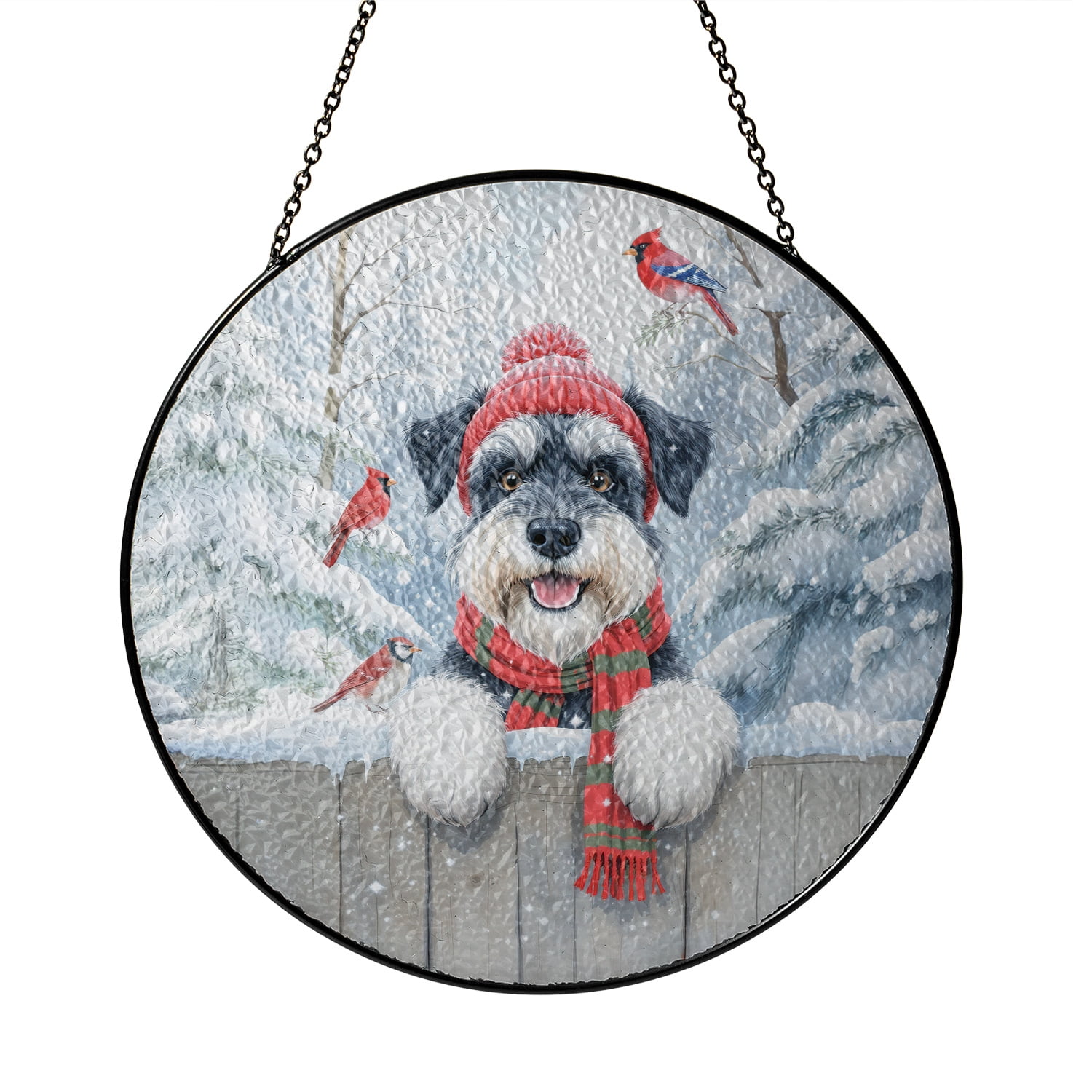 Playful Schnauzer Welcomes Winter Snowy Day with Cardinal Bird Stained ...