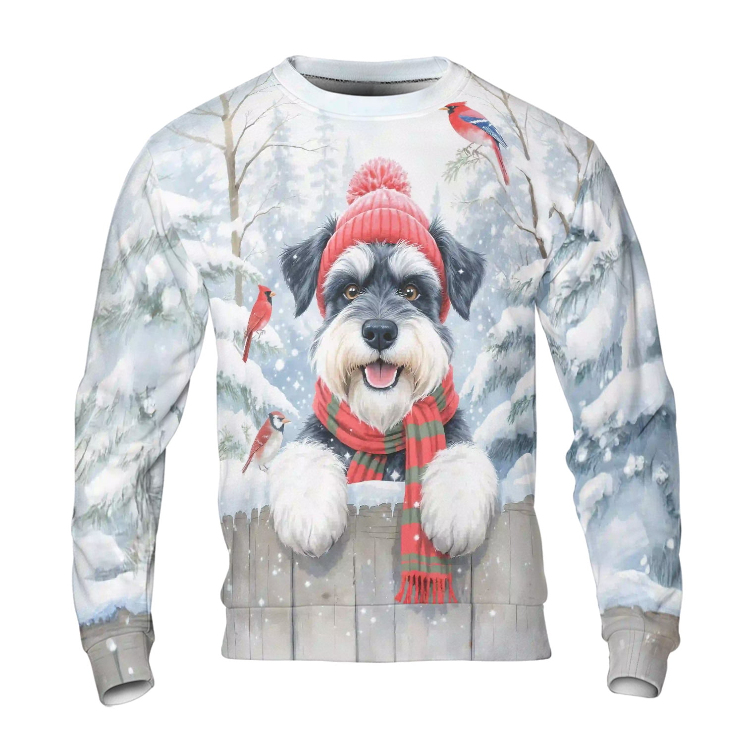 Playful Schnauzer Welcomes Winter Snowy Day with Cardinal Bird All Over ...