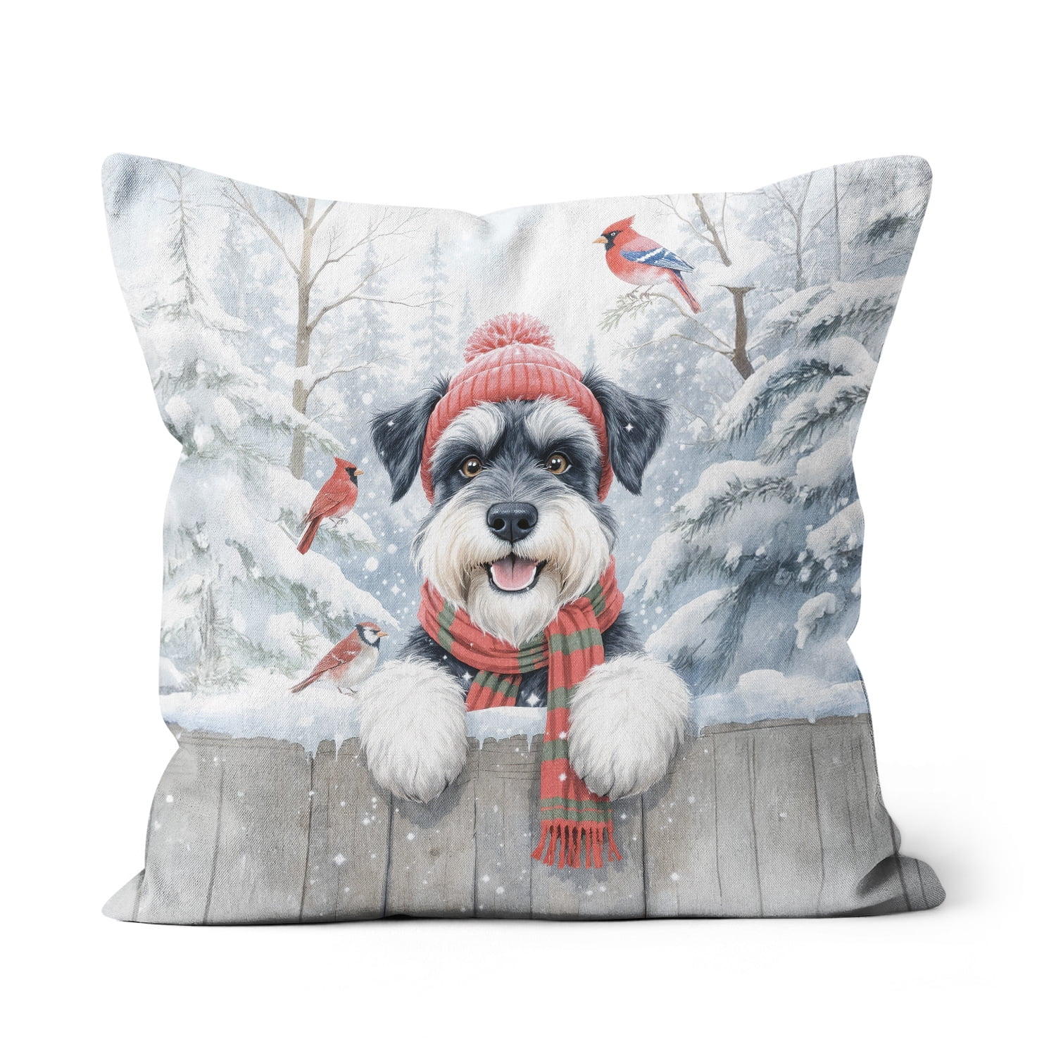 Playful Schnauzer Welcomes Winter Snowy Day with Cardinal Bird Pillow ...