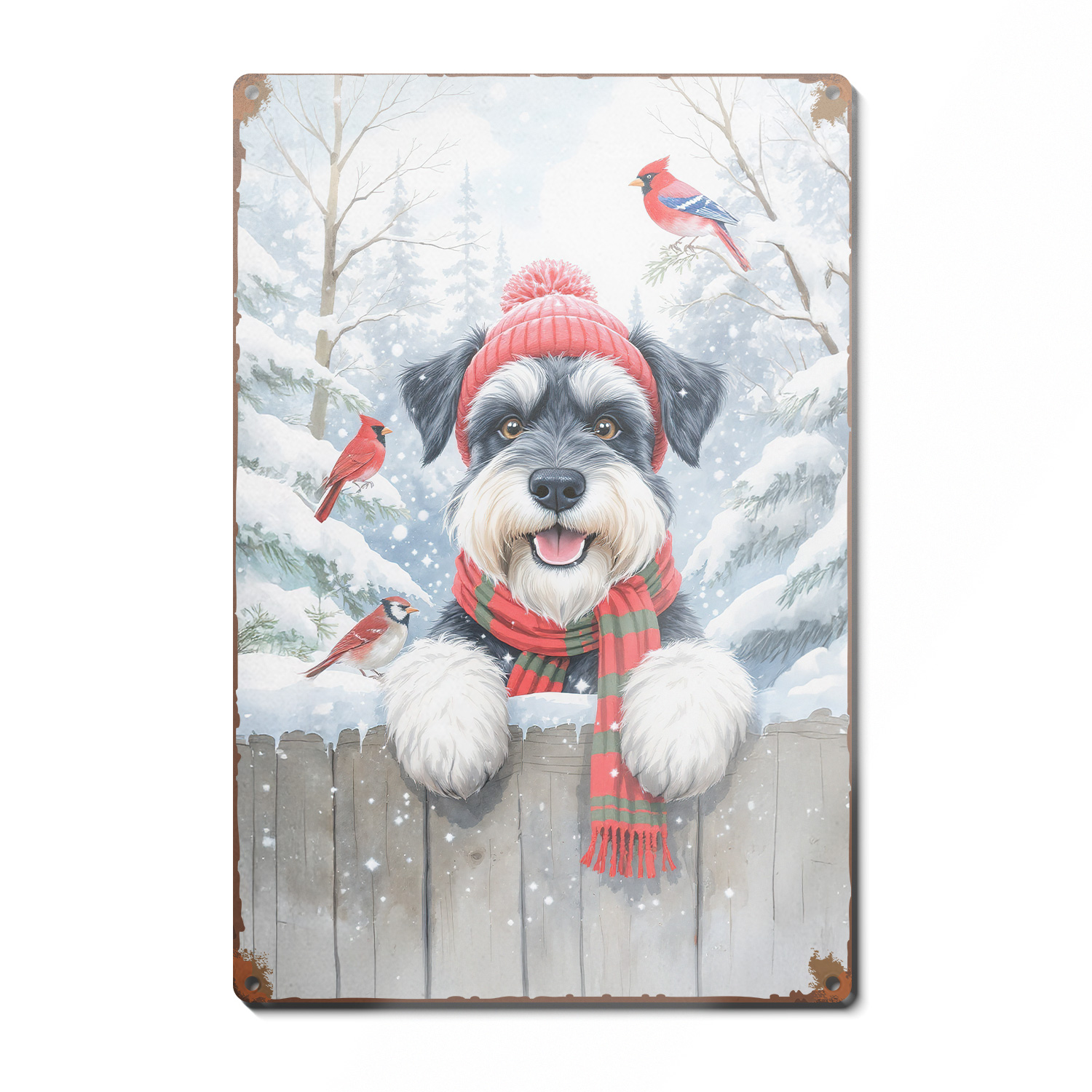 Playful Schnauzer Welcomes Winter Snowy Day with Cardinal Bird Vertical ...
