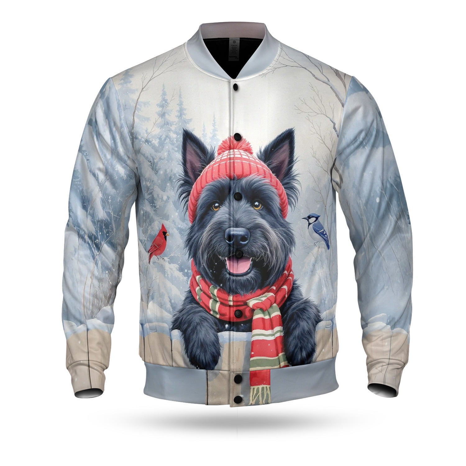 Playful Scottish Terrier Welcomes Winter Snowy Day with Cardinal Bird ...