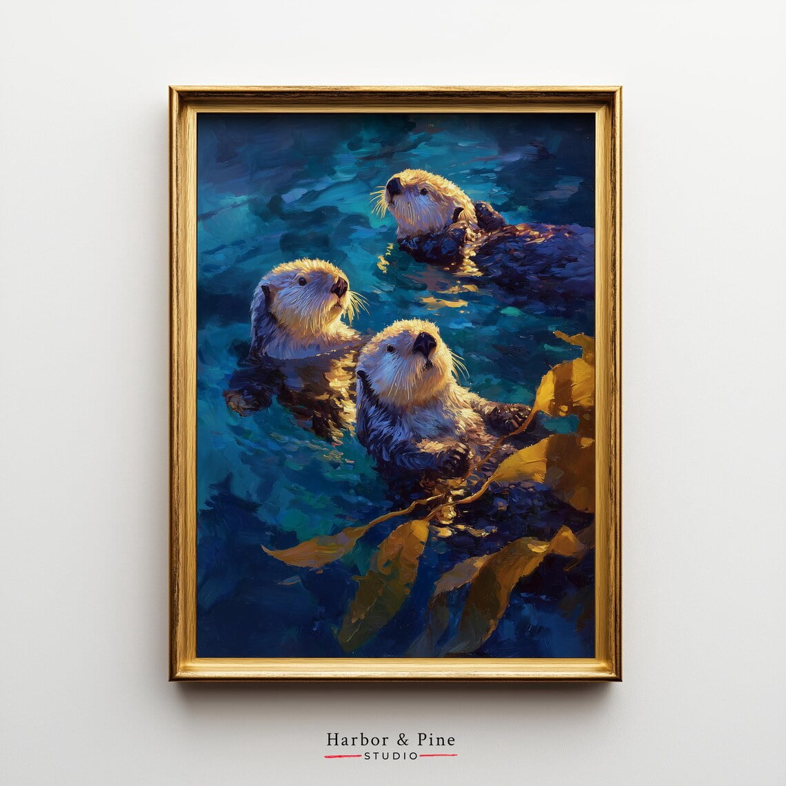 Playful Sea Otters Oil Painting - Printable Coastal Wall Art, Ocean ...
