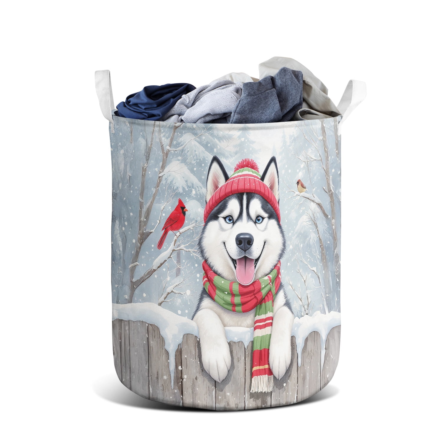 Playful Siberian Husky Welcomes Winter Snowy Day with Cardinal Bird ...