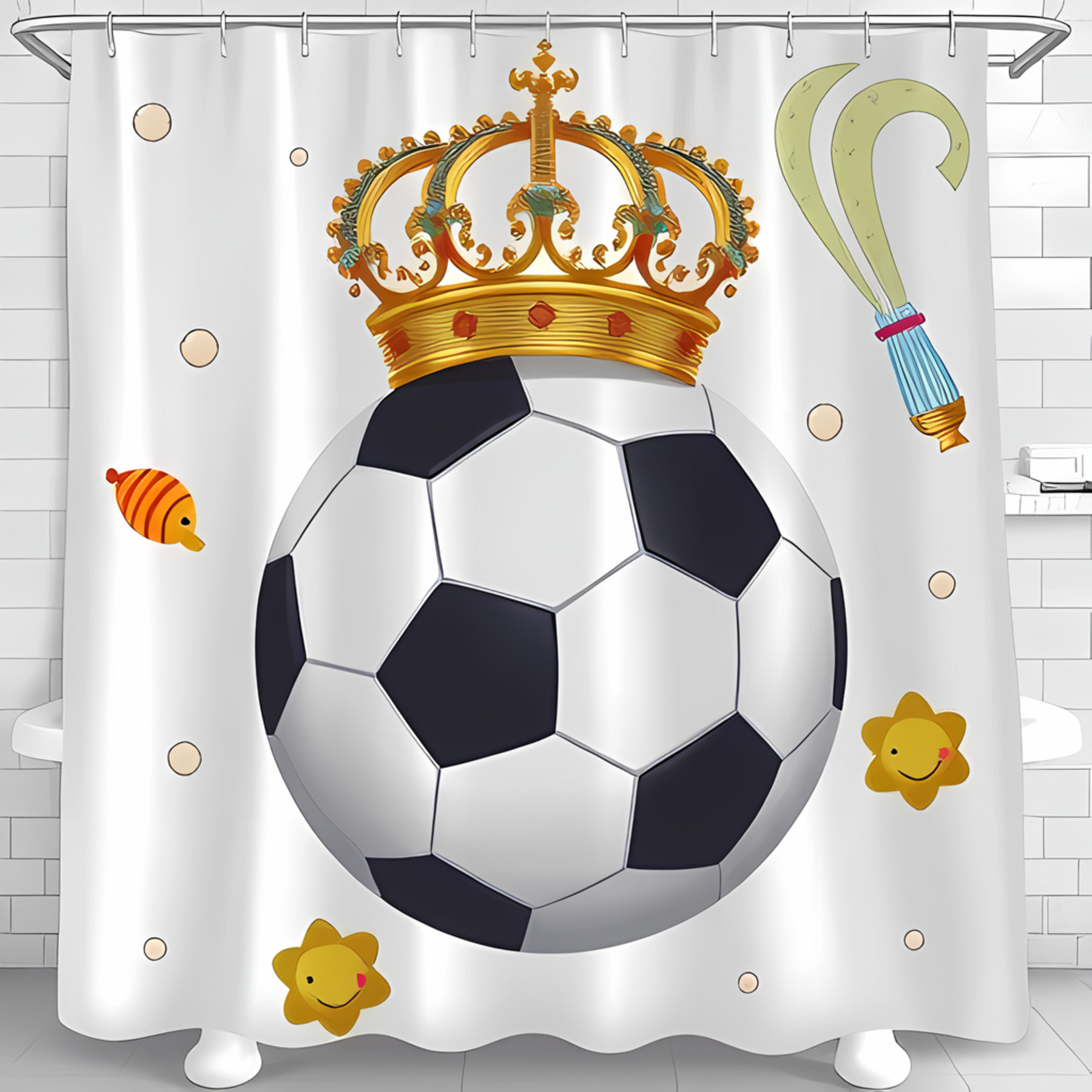 Playful Soccer Ball Shower Curtain with Golden Crown Blue Jewels and ...