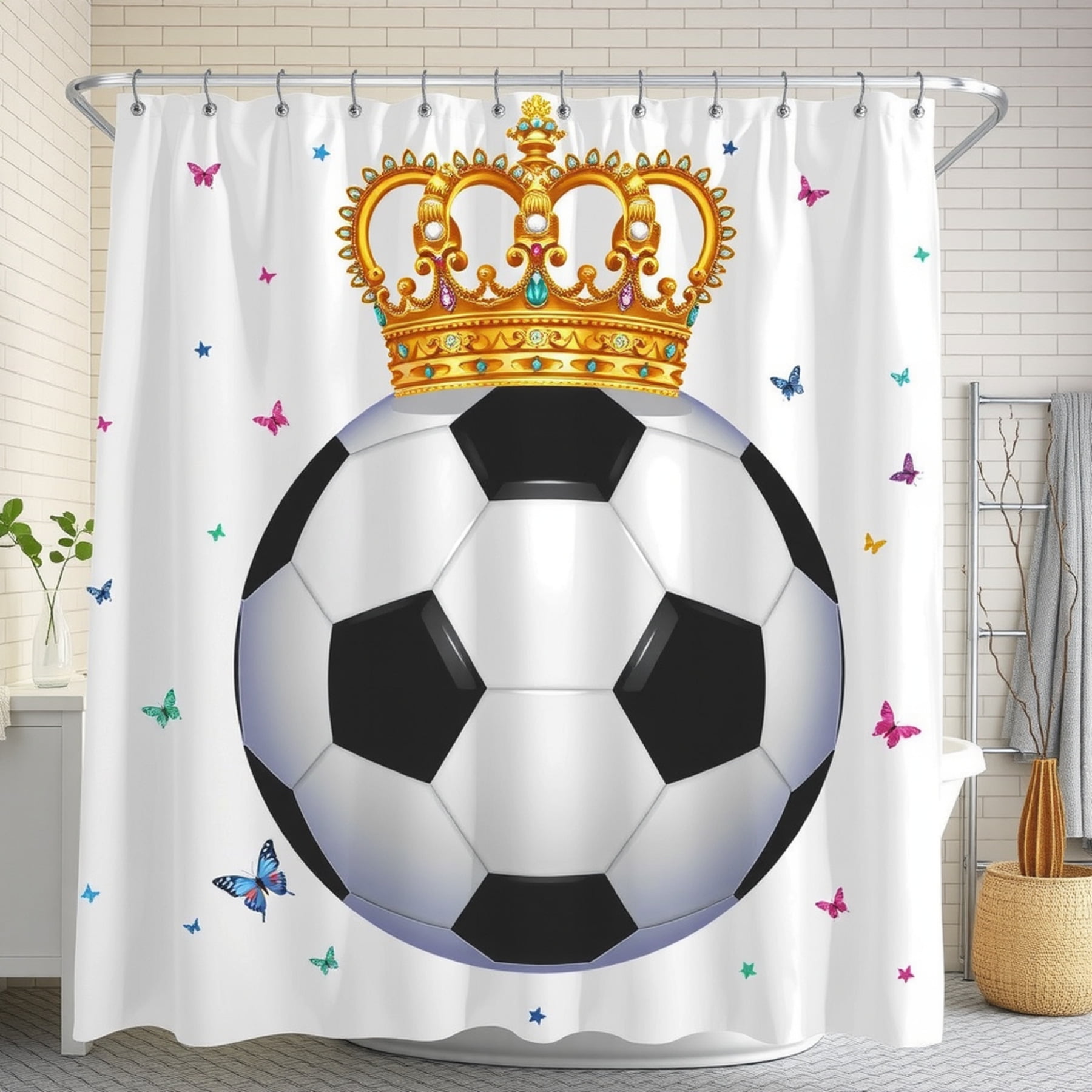 Playful Soccer Ball Shower Curtain with Golden Crown & Colorful ...