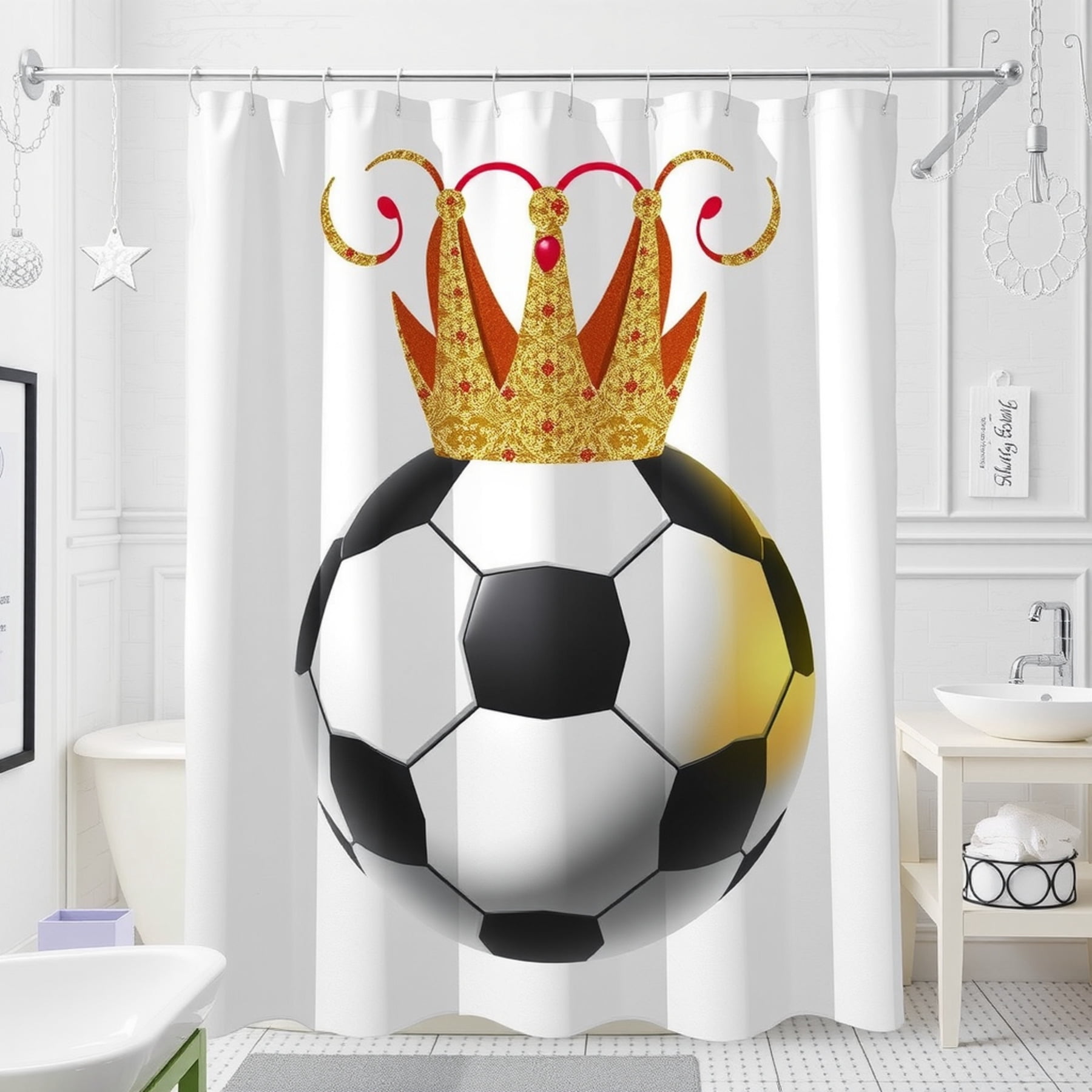 Playful Soccer Ball Shower Curtain with Golden Crown - Modern Bathroom ...