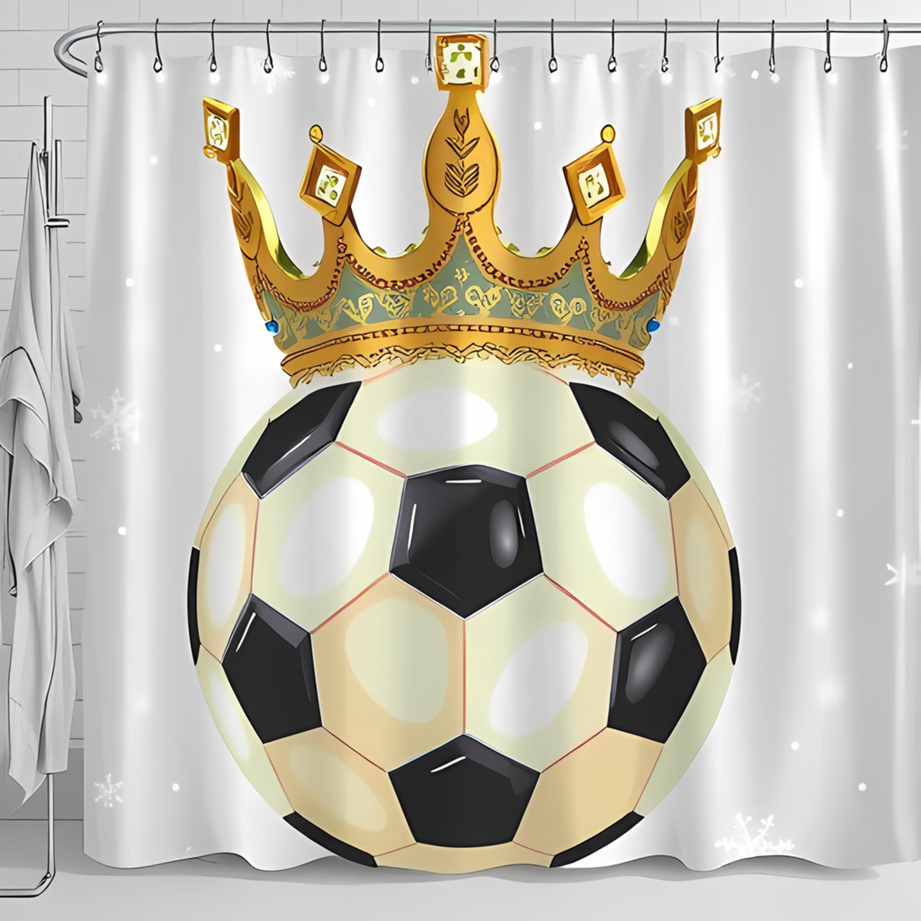 Playful Soccer Ball Shower Curtain with Golden Crown - White Background ...