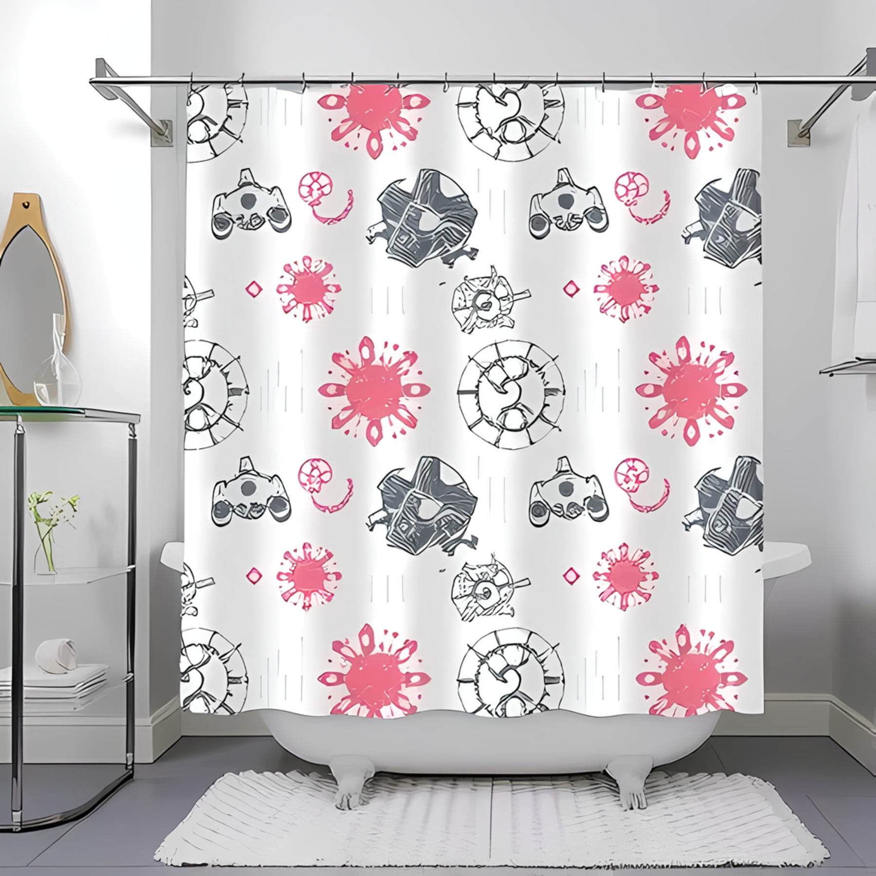 Playful Space-Themed Shower Curtain with Black and Red Designs ...