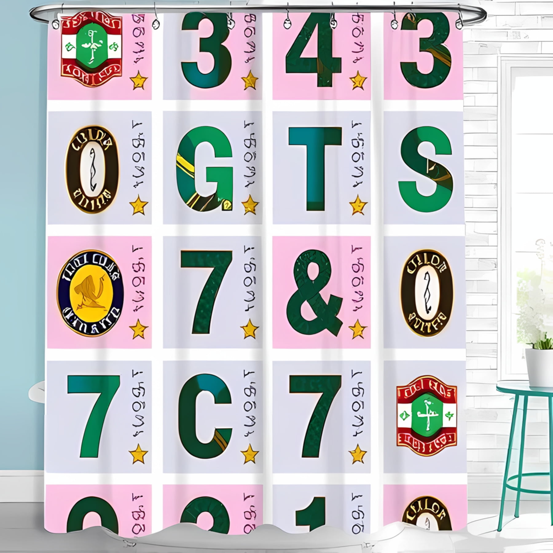 Playful Vintage Inspired Shower Curtain with Bold Dark Green Numbers ...
