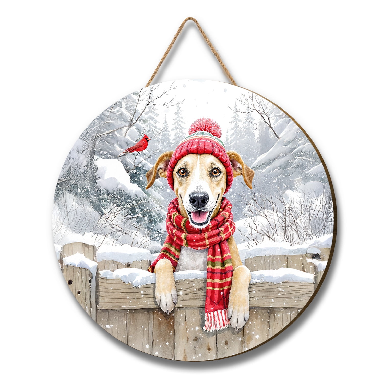 Playful Whippet Welcomes Winter Snowy Day with Cardinal Bird Round Wood ...