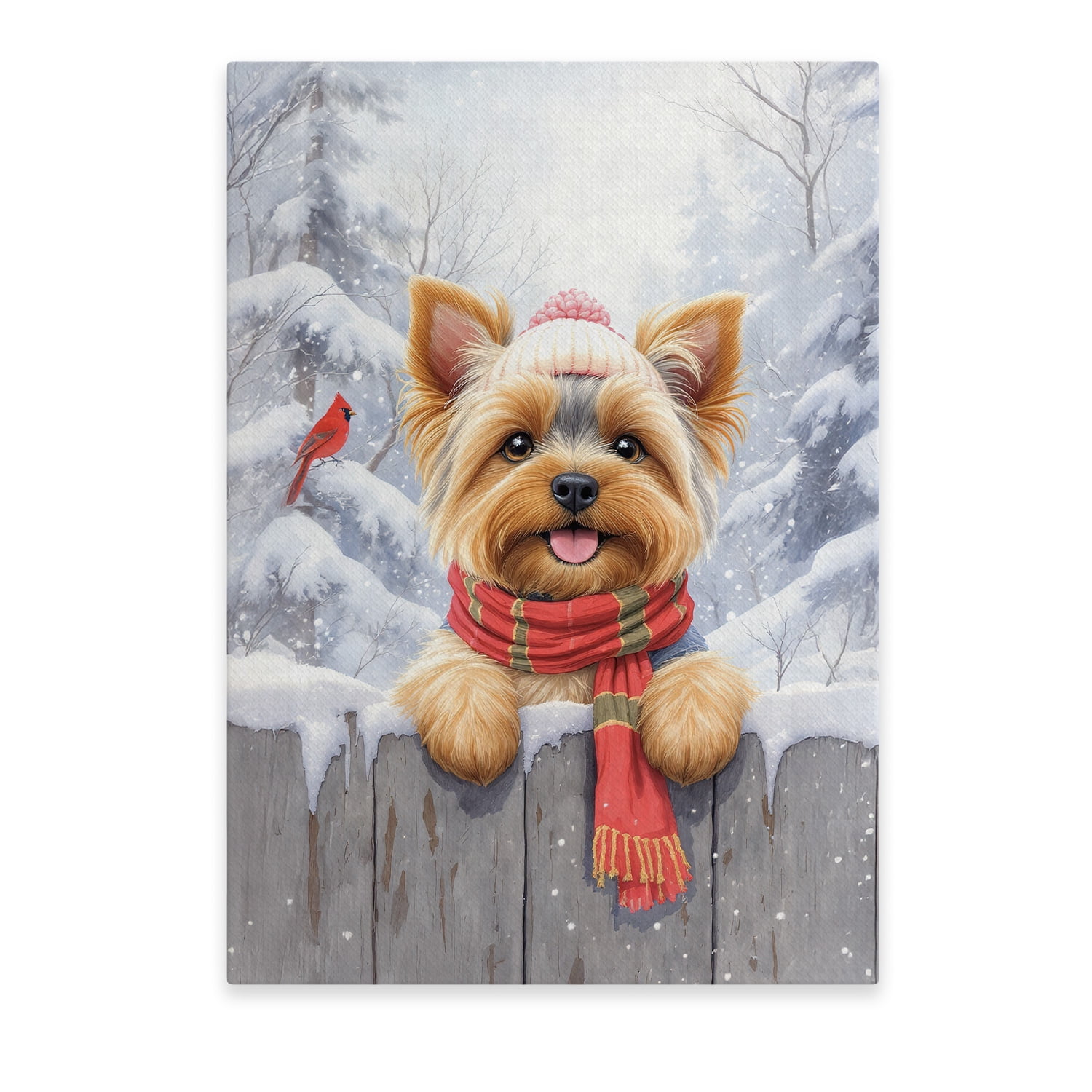 Playful Yorkshire Terrier Welcomes Winter Snowy Day with Cardinal Bird ...