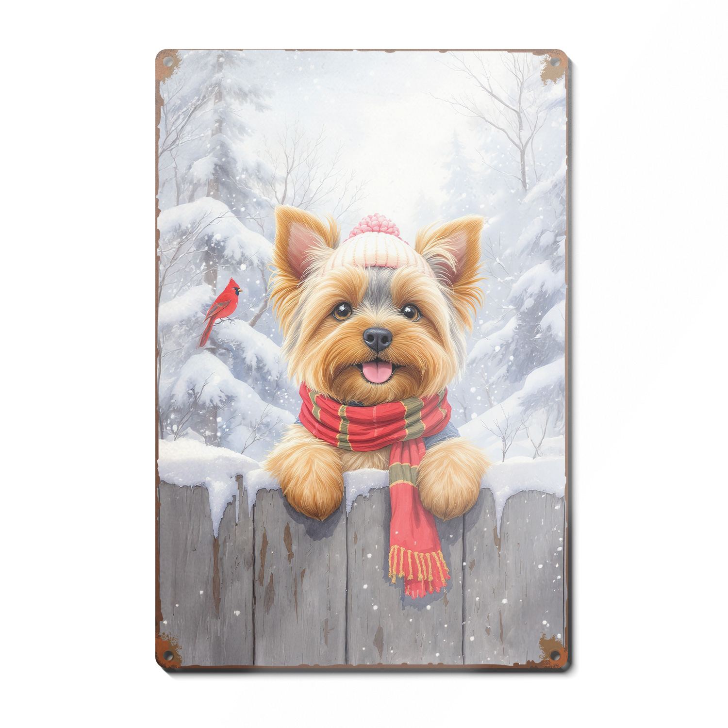 Playful Yorkshire Terrier Welcomes Winter Snowy Day with Cardinal Bird ...