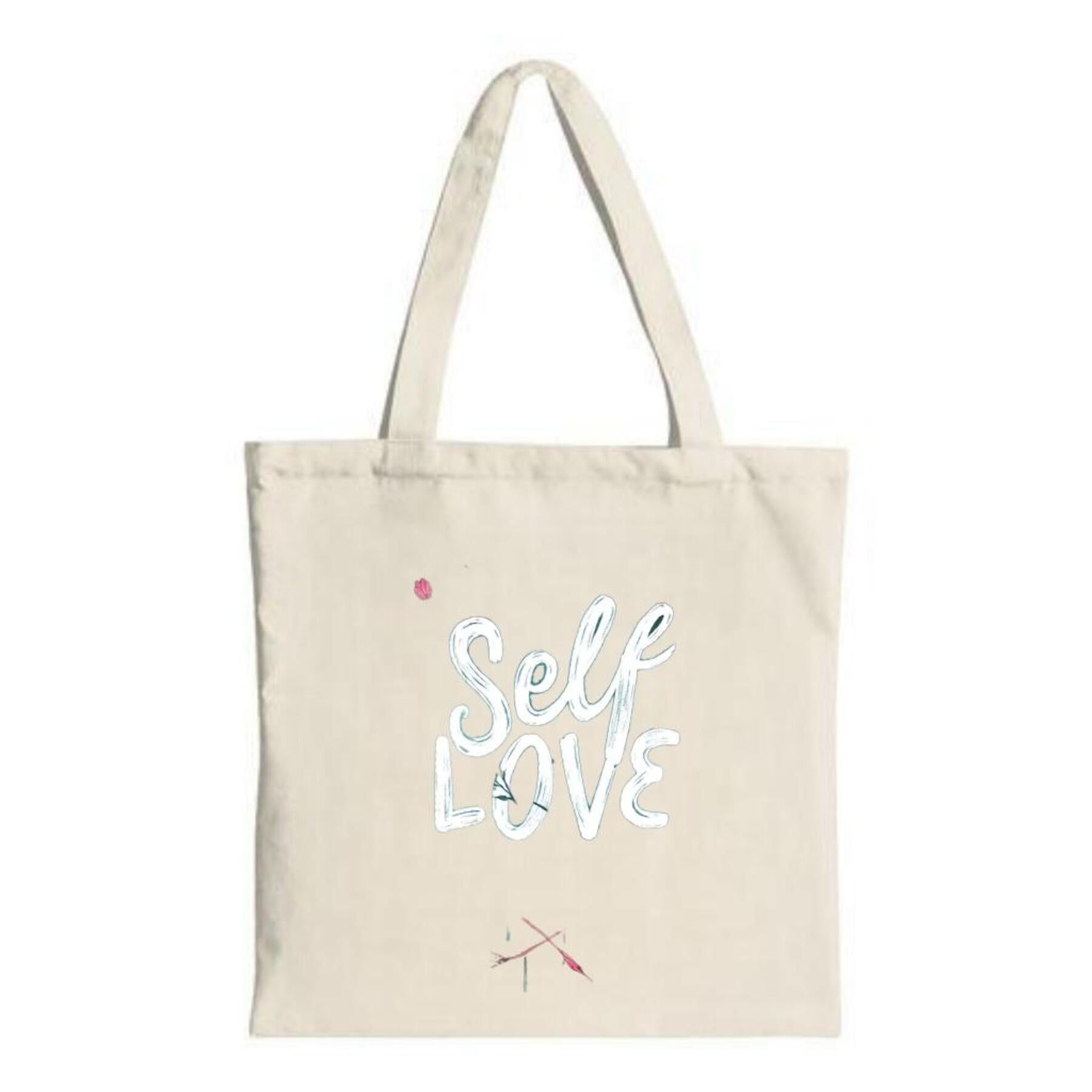 Playful ' self LOVE ' Canvas Tote Bag with Cursive Font Crossed Red ...