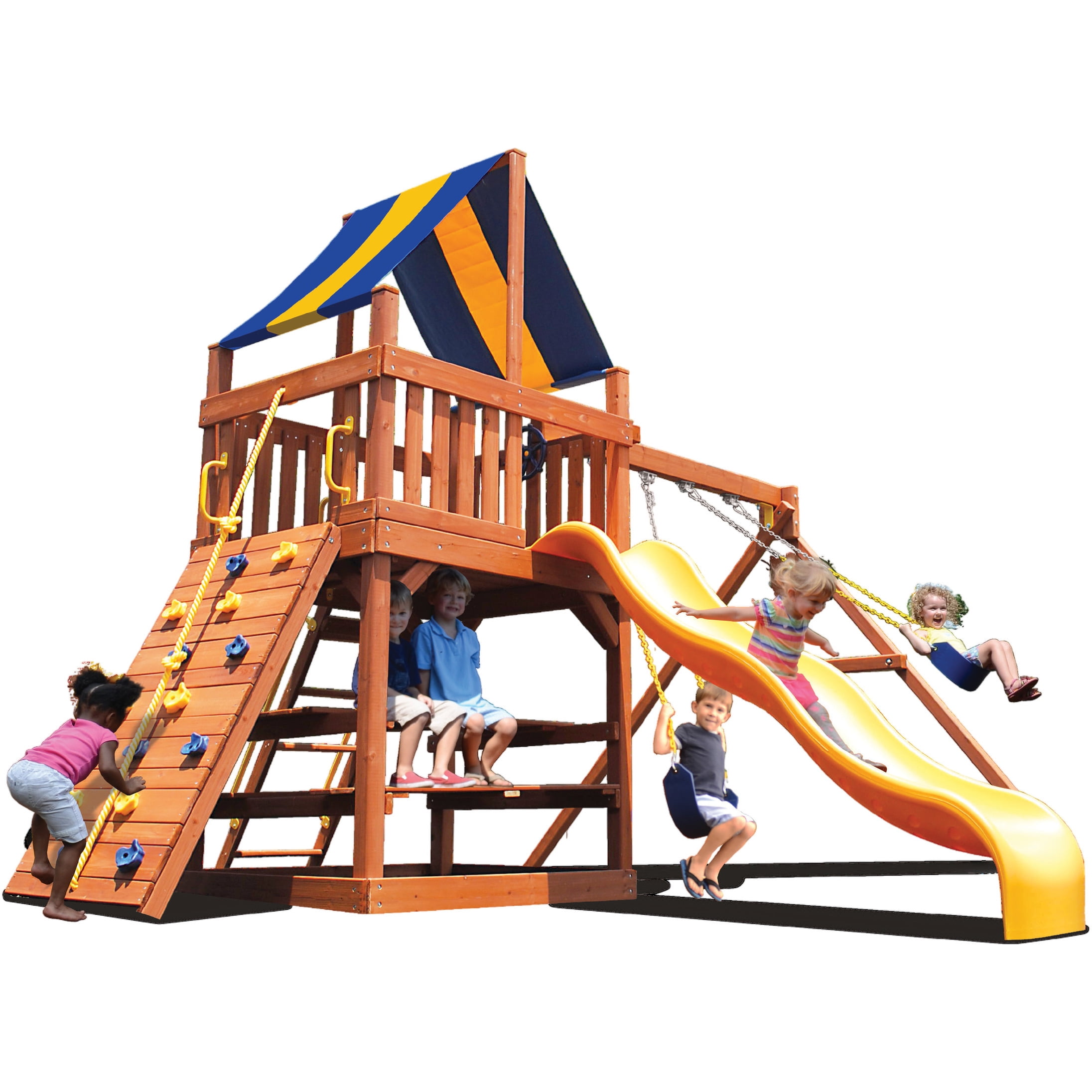 Playground One Original Fort with Two Swings - Green with Yellow Slide ...