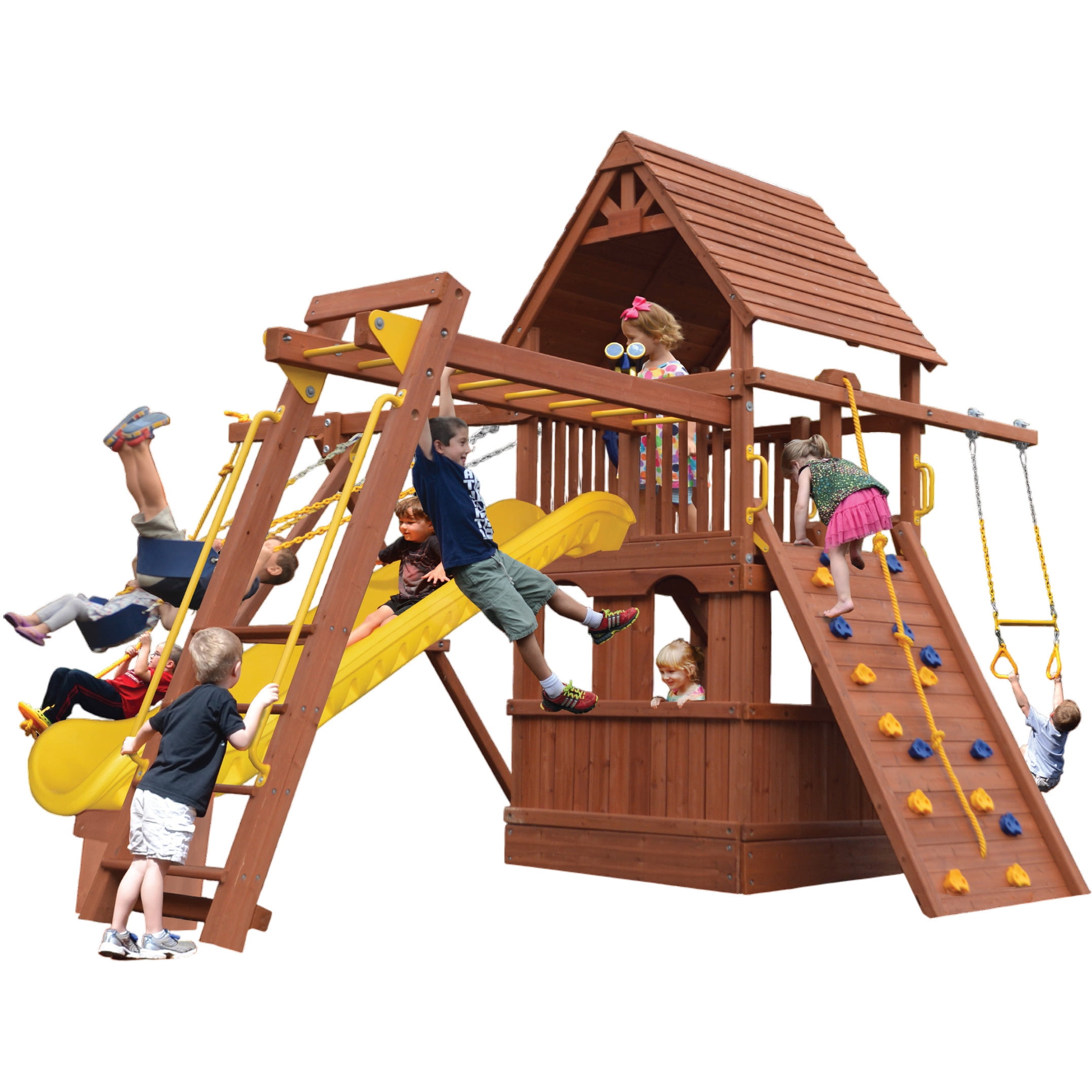 Playground One Premier Fort with Wood Roof, Playhouse and Monkey Bars 5 ...