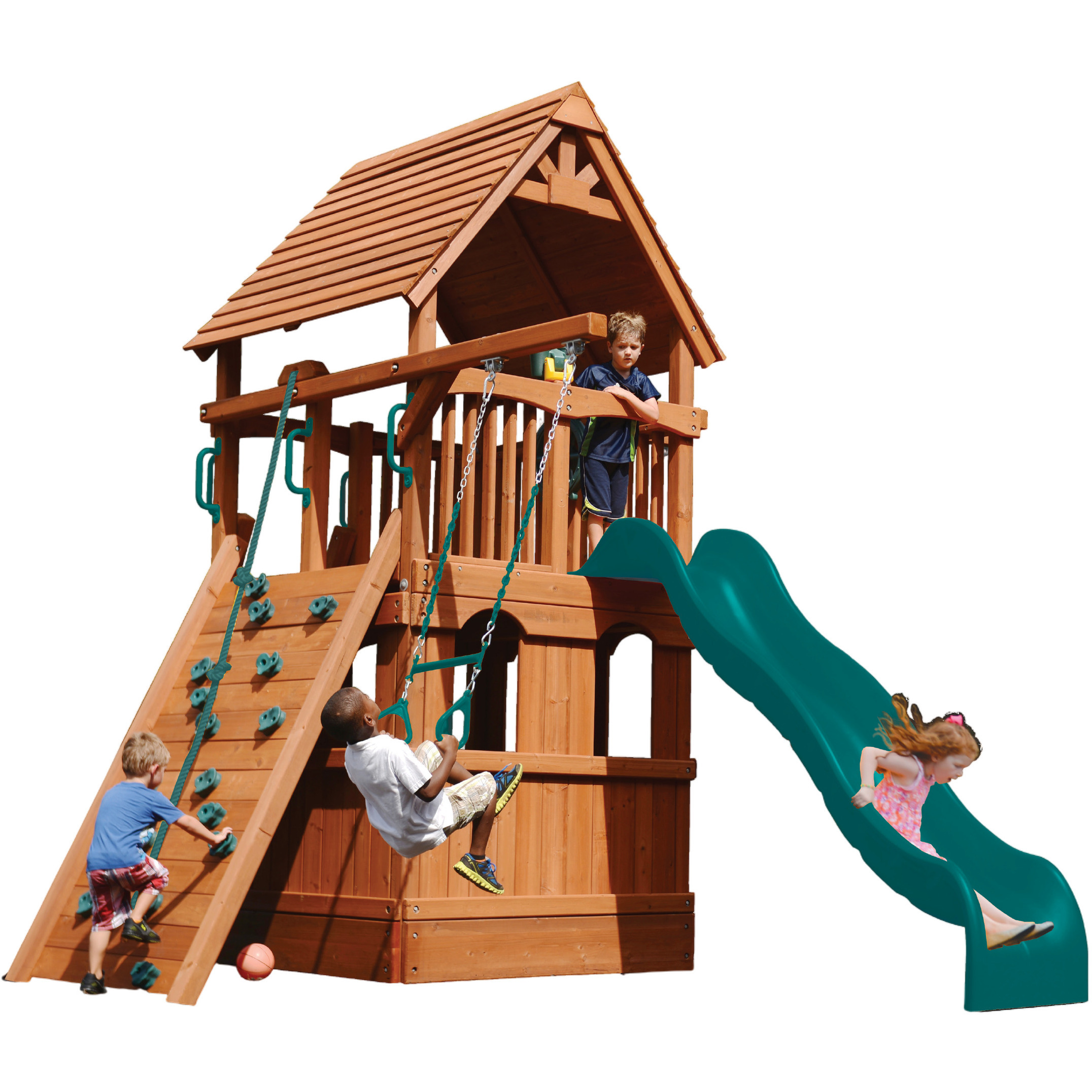 Playground One Swing Sets for Small Spaces 5' Fort Premier - Green with ...