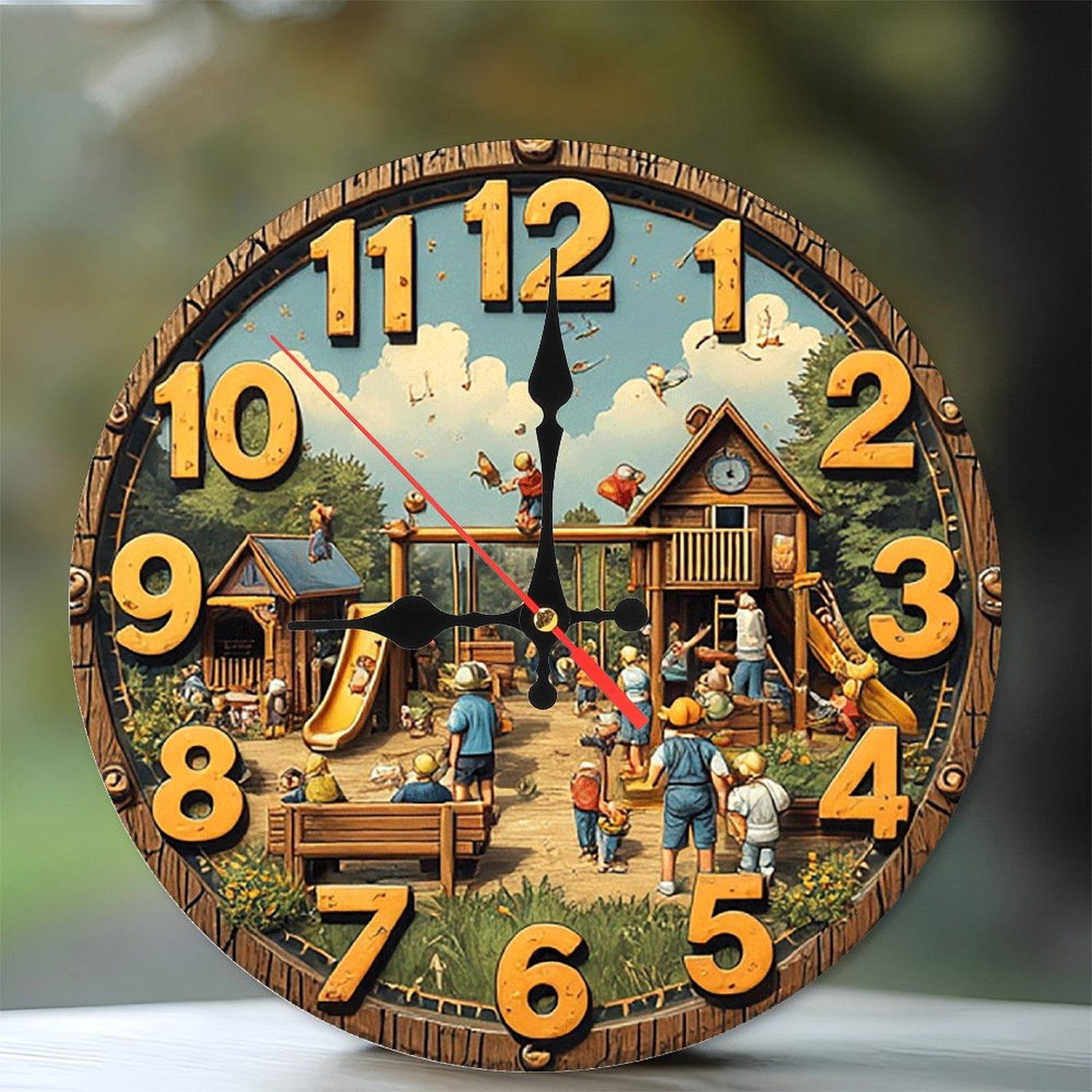 Playground Scene Wall Clock Wooden Vintage Home Decor 10-Inch Silent ...