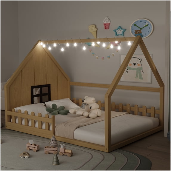 Playhouse Floor Bed with LED Light Connection, Safety Fence and Window ...