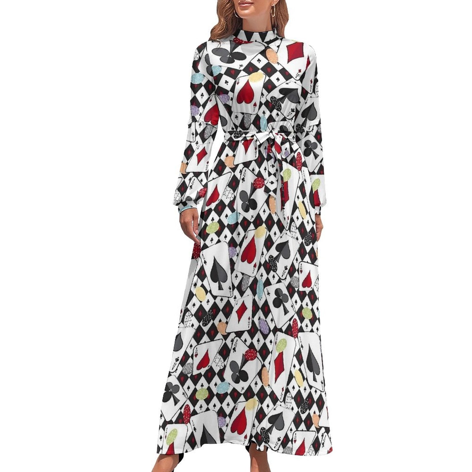 Playing Cards Dress Long Sleeve Blue And Red Kawaii Maxi Dress High ...