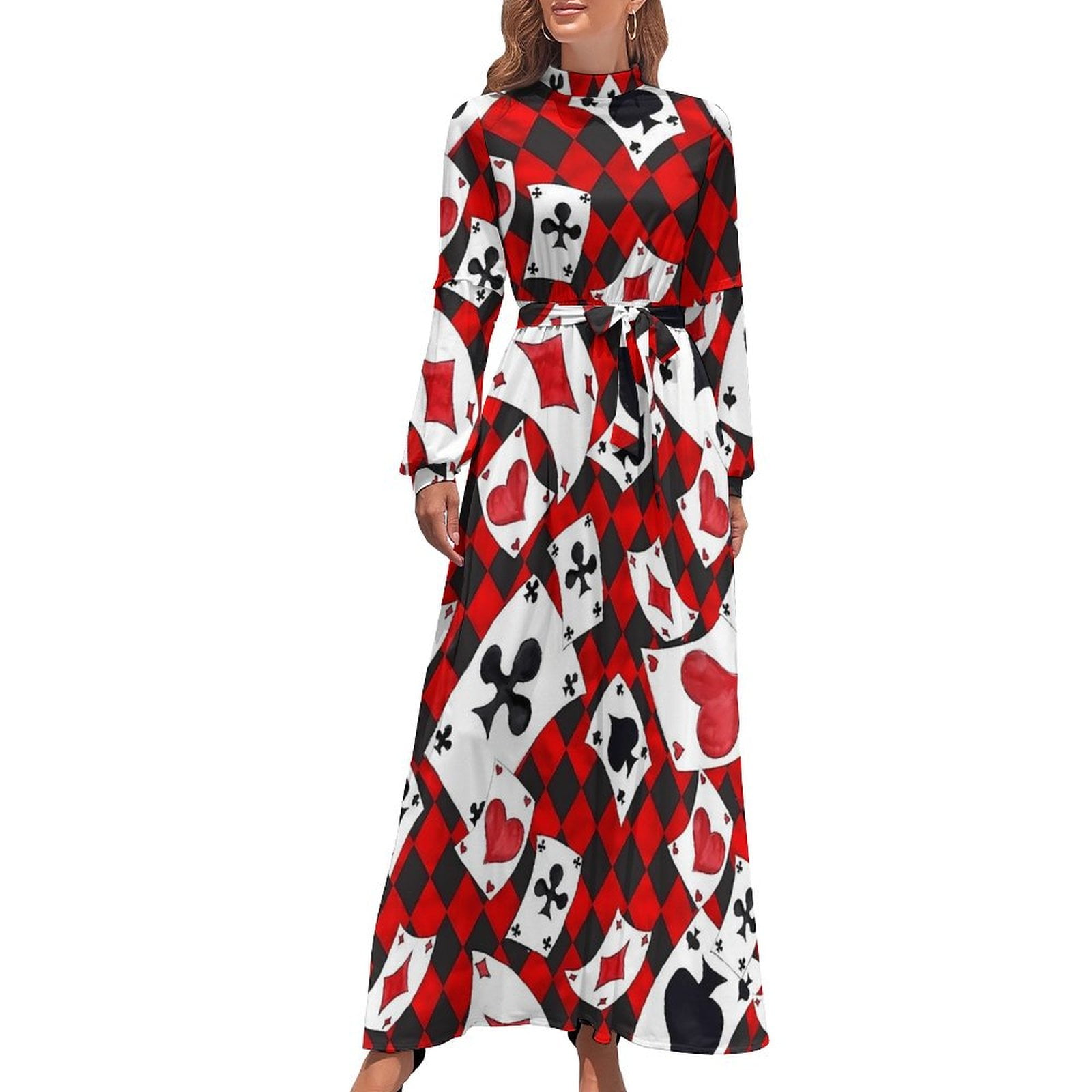 Playing Cards Dress Long Sleeve Blue And Red Kawaii Maxi Dress High ...