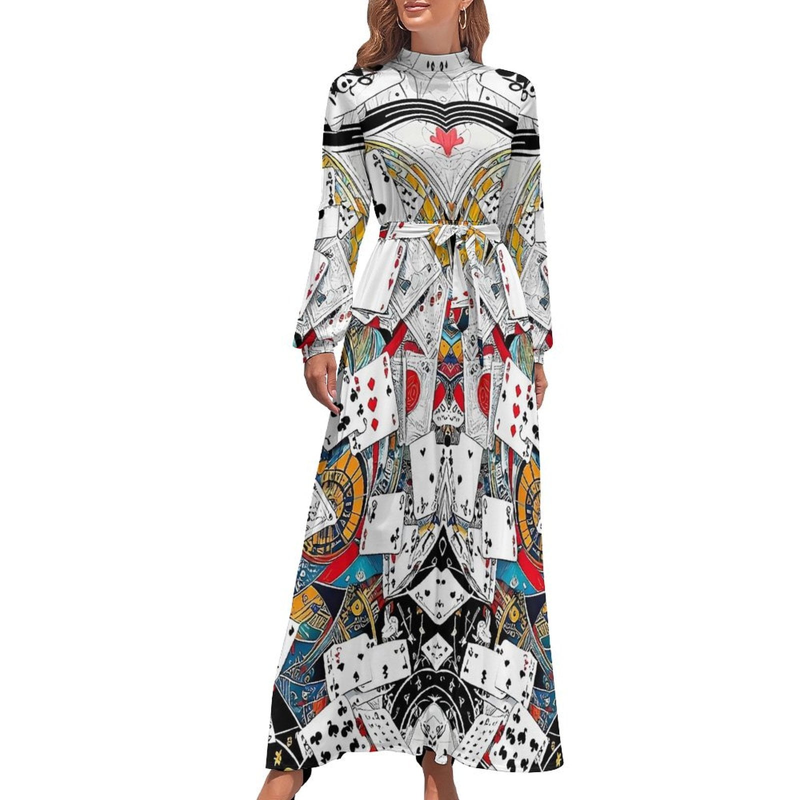Playing Cards Dress Long Sleeve Blue And Red Kawaii Maxi Dress High ...