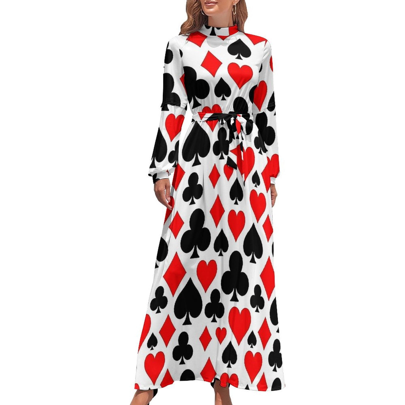 Playing Cards Dress Long Sleeve Blue And Red Kawaii Maxi Dress High ...