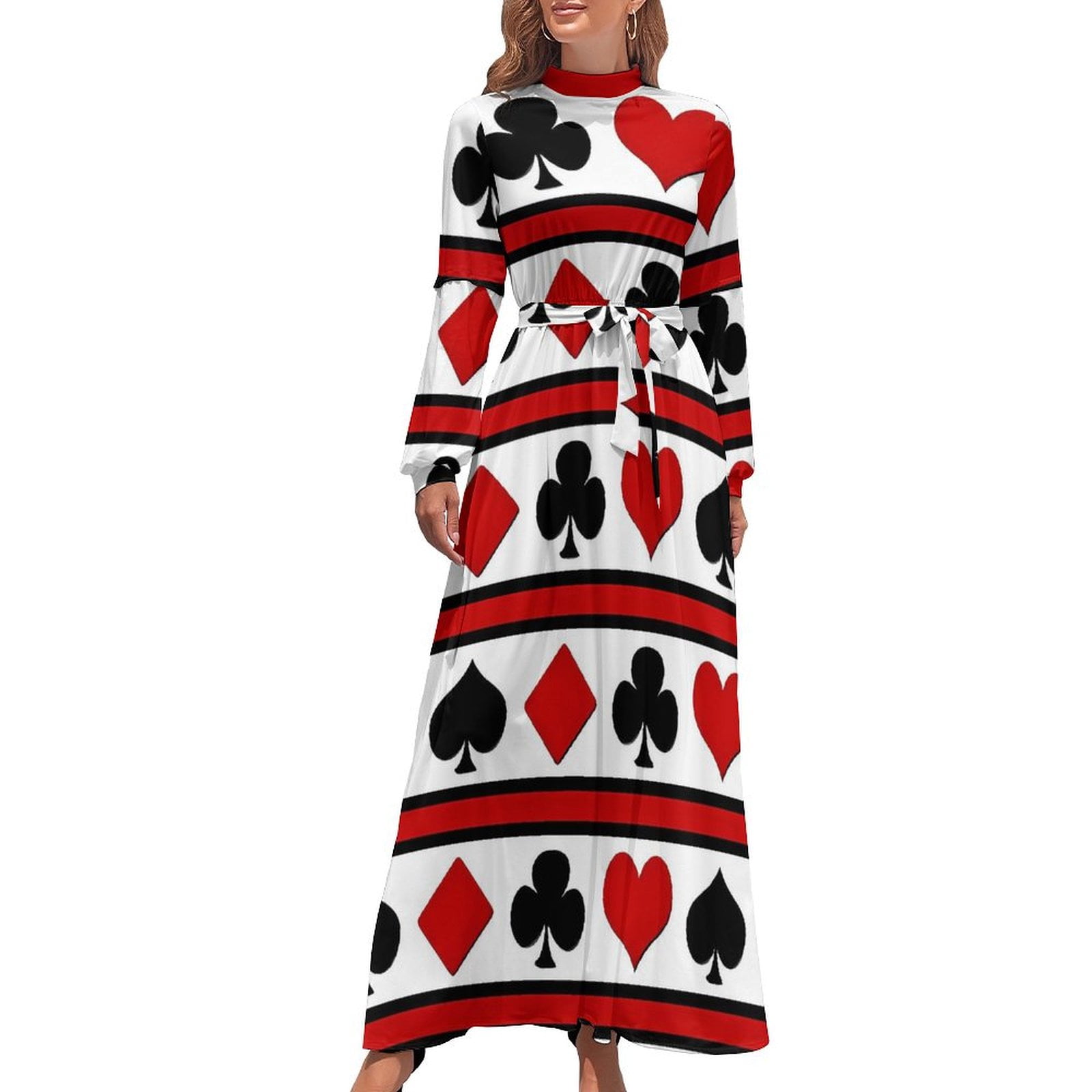 Playing Cards Dress Long Sleeve Blue And Red Kawaii Maxi Dress High ...