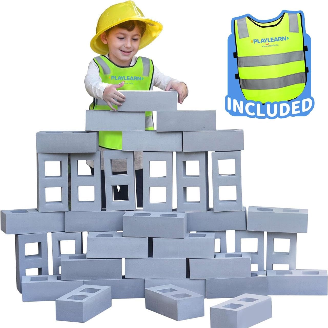 Playlearn 40pc Foam Cinder Blocks for Kids - Children’s Reflective Vest and Storage Bag Included ...