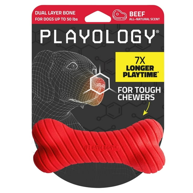 Playology Dual Layer Bone Dog Toy - Natural Beef Scent, Red Toy for ...