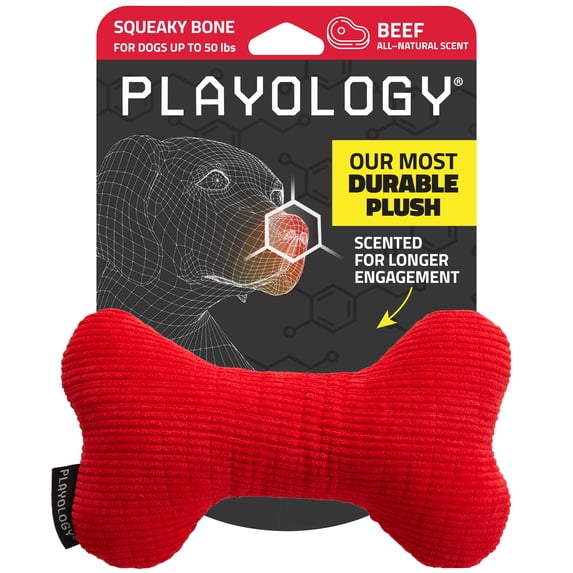 Playology Dog Toys | Plush Squeaky Bone, Beef Scented Toy - Medium ...
