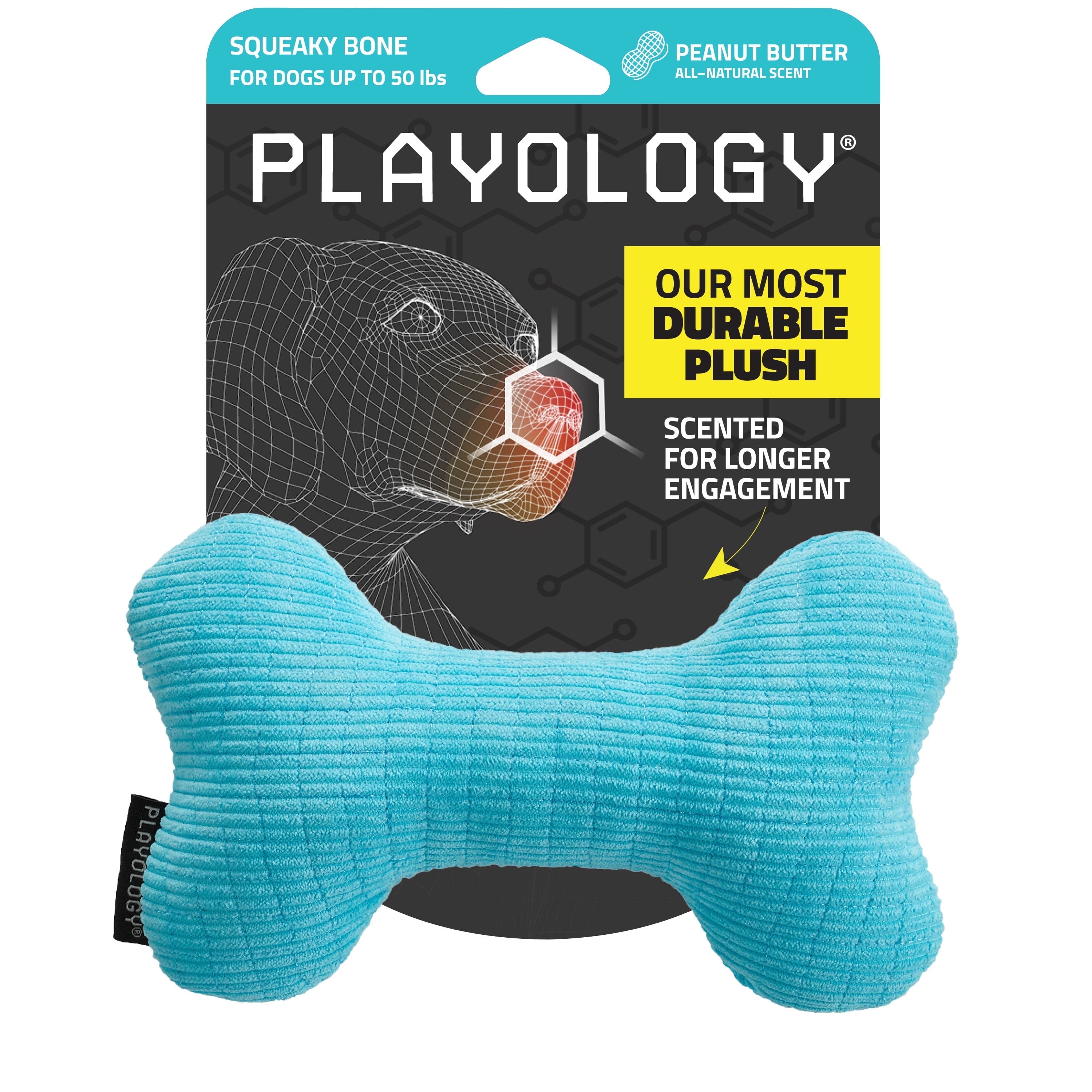 Playology Plush Squeaky Bone, Peanut Butter Scented Blue Dog Toy for ...