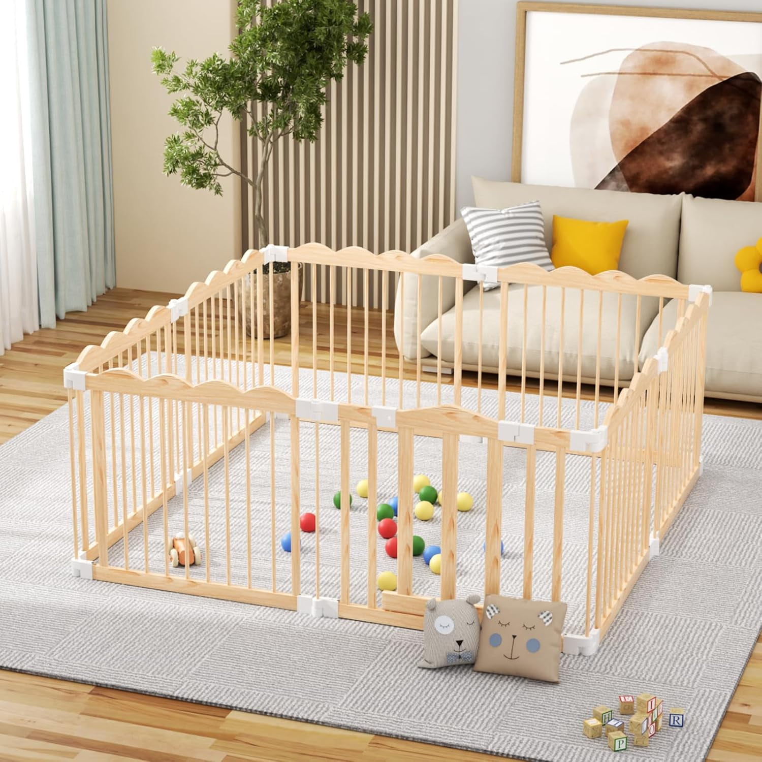 Playpen for Babies and Toddlers,Adjustable Multi-Shape Play Yard Wooden ...