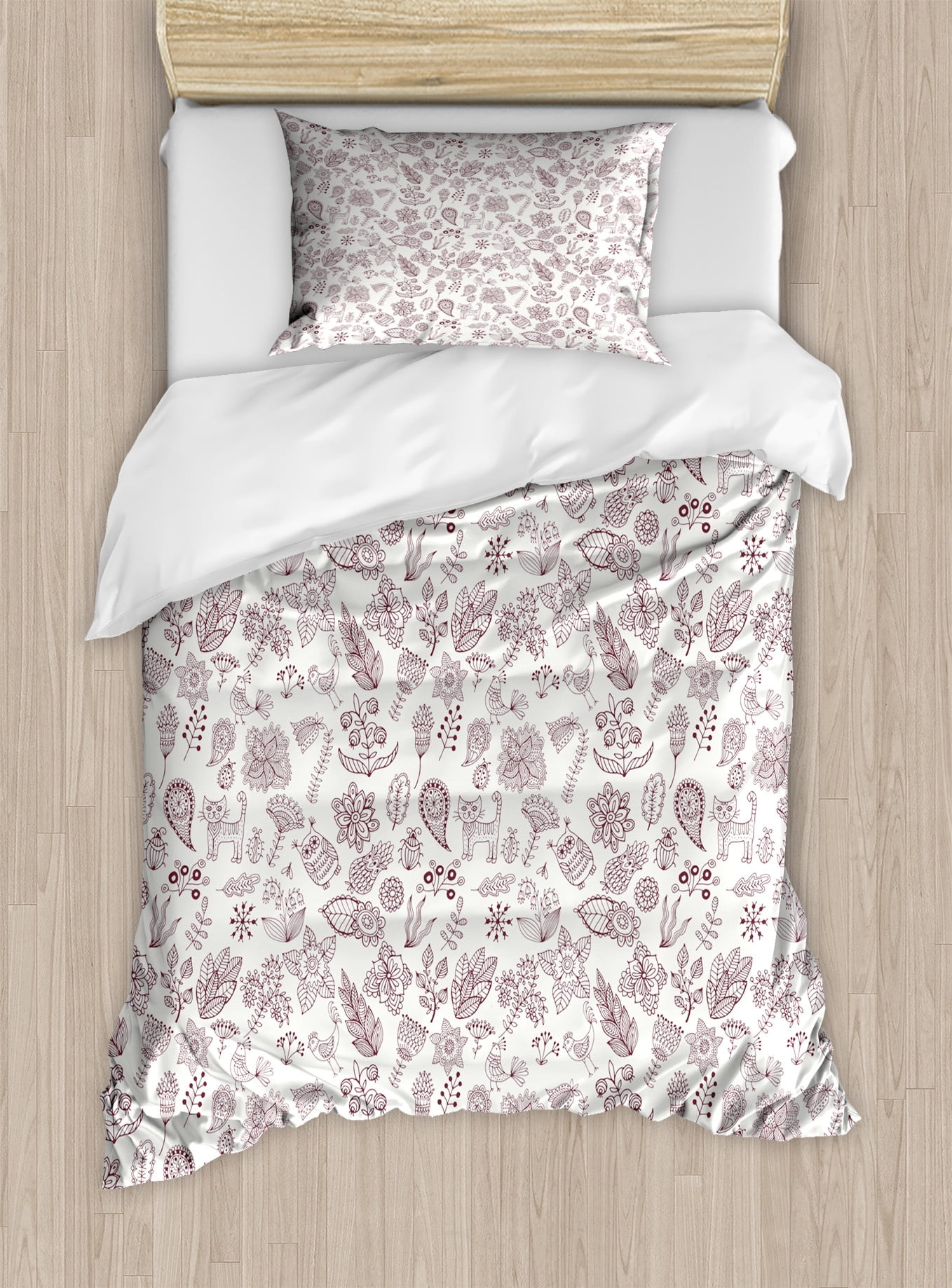 Playroom Duvet Cover Set, Nature Themed Owl Cat Bird Bluebells Tulips ...