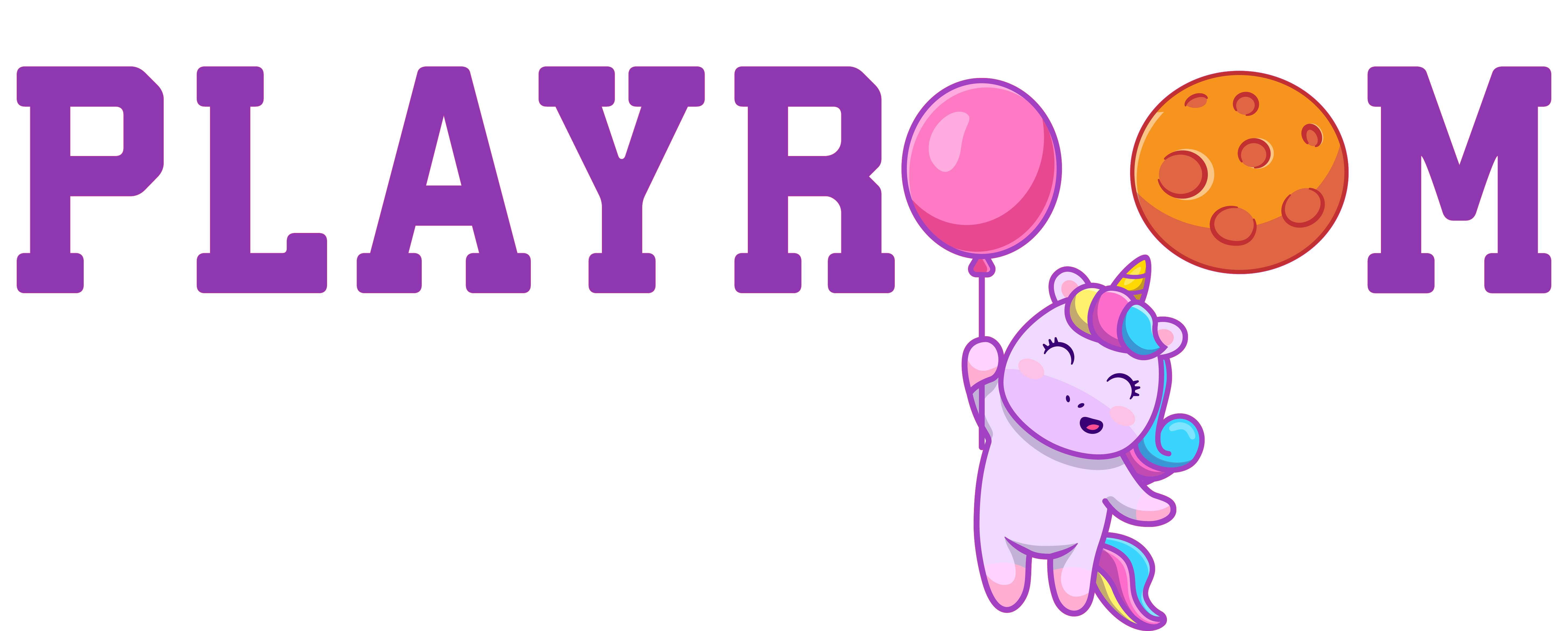 Playroom Logo with Unicorn Hanging into a Pink Balloon Design Vinyl ...