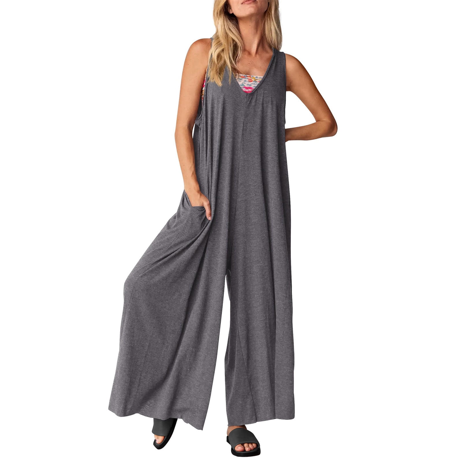 Playsuit for Women Sleeveless V Neck Jumpsuits Wide Leg Baggy Romper ...