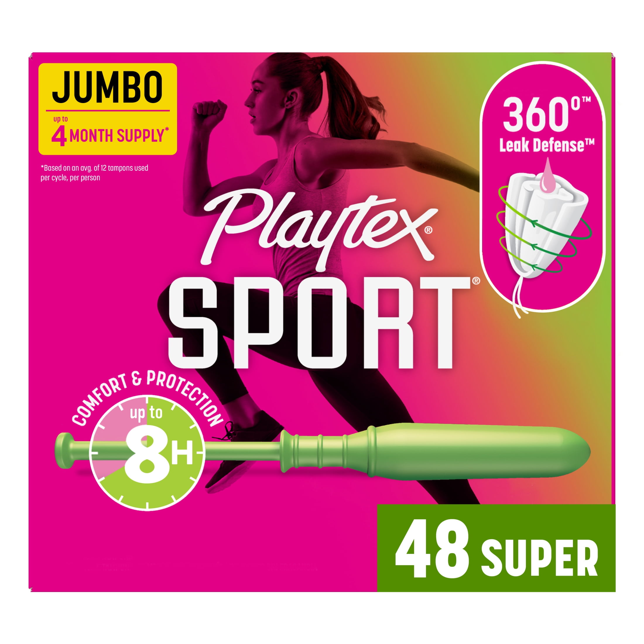 Playtex Sport Tampons, Unscented, Super Absorbency, 48 Count, Leak ...