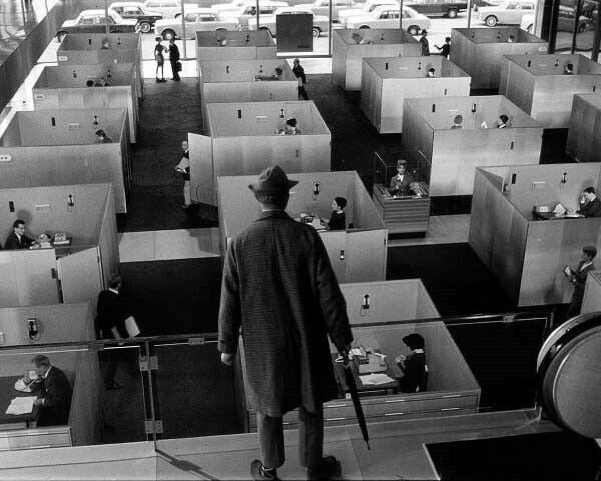 Playtime 1967 8x10 inch photo Jacques Tati as Monsier Hulot on desk in ...
