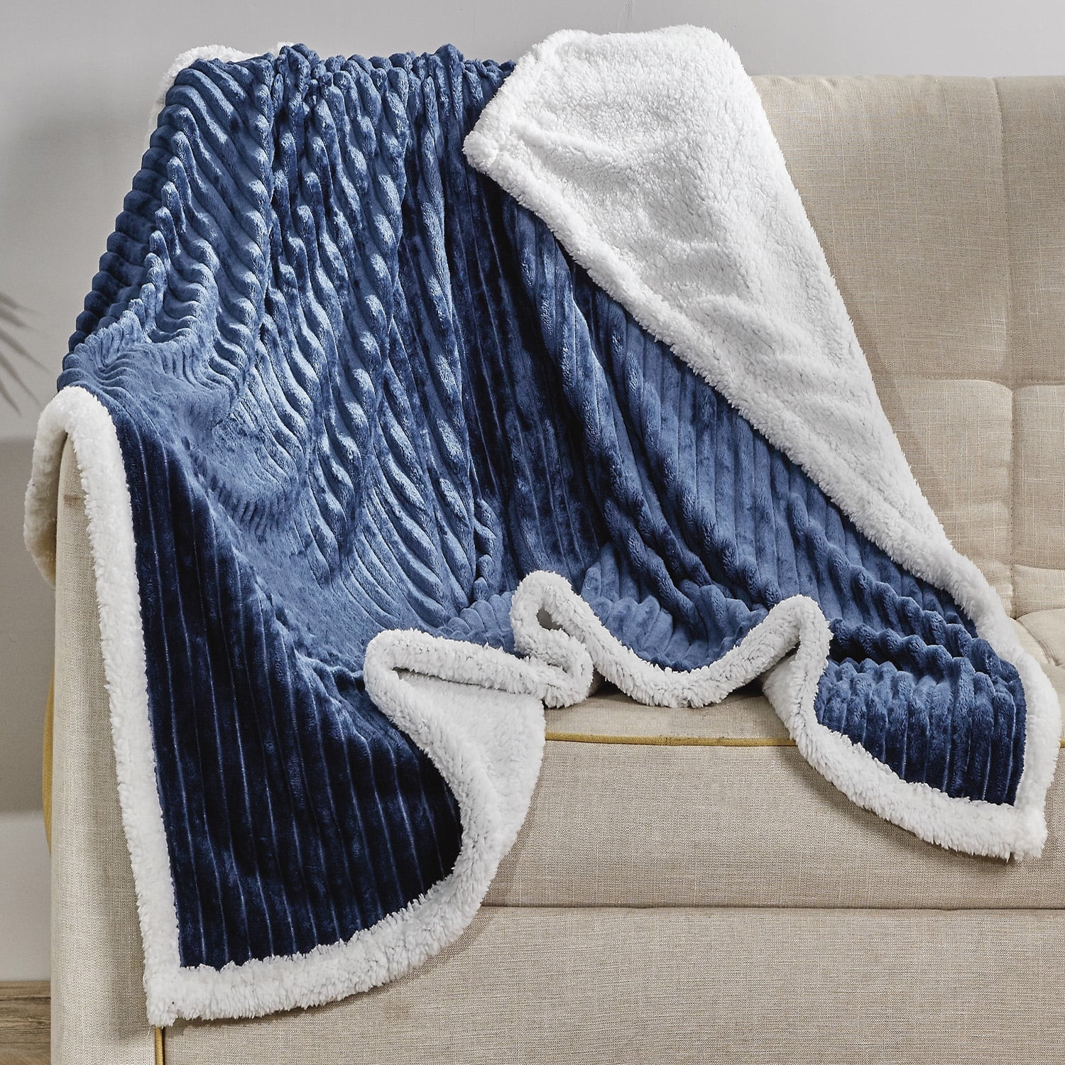 Plazatex Corduroy Faux Sherpa Reverse Throw Blanket - 50" x 60", Navy ...