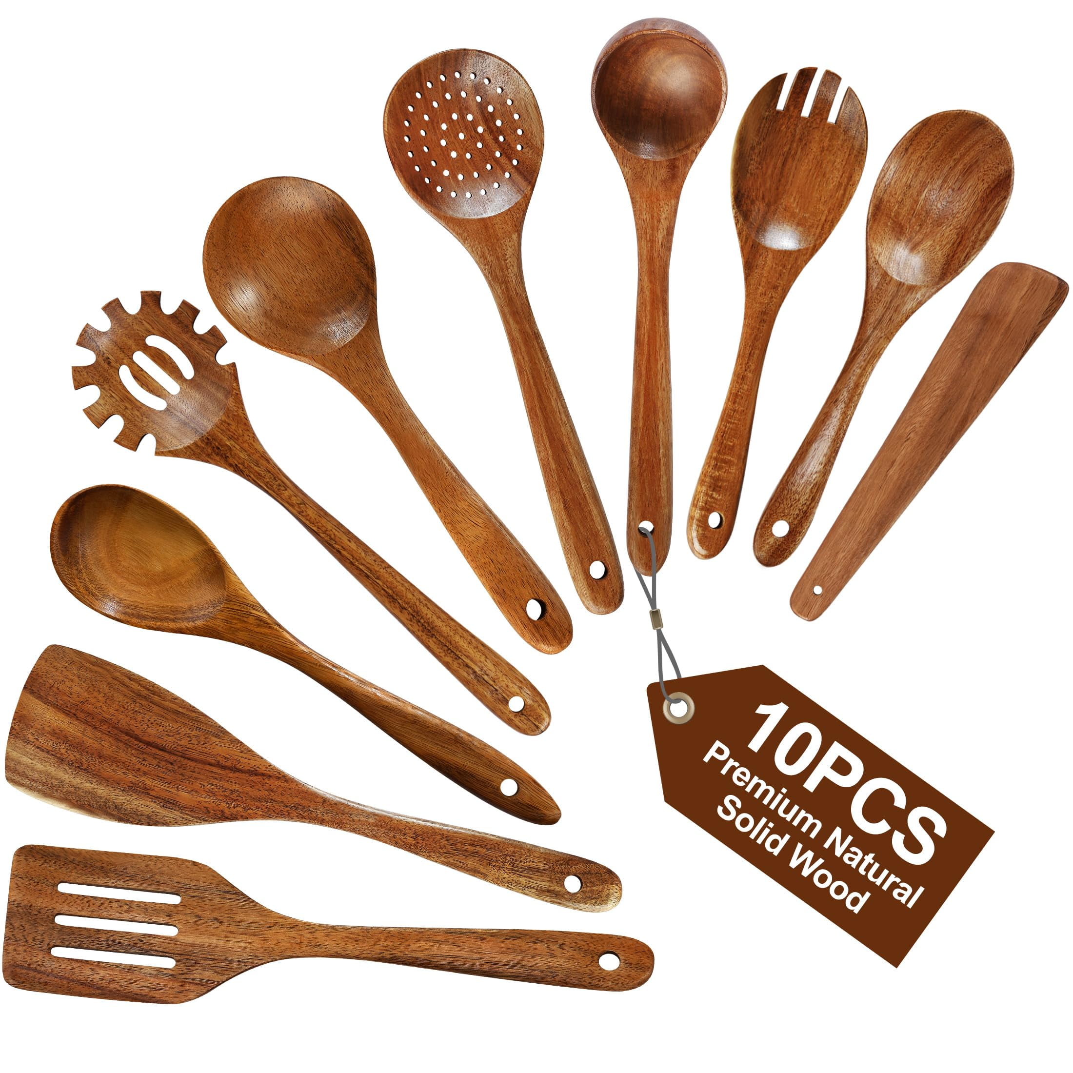 Pleafind Natural Solid Wooden Utensil Set - 10 Pcs, Non-stick Wooden ...