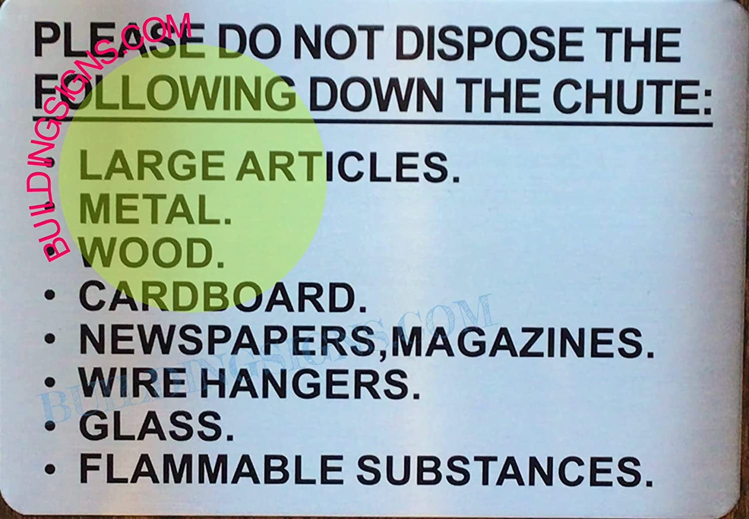Please DO NOT Dispose The Following Down The Chute Sign (Aluminium ...