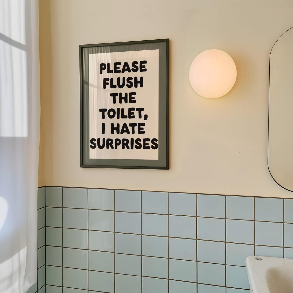 Please Flush The Tet Art Poster, Olive Green And Beige Neutral Bathroom ...