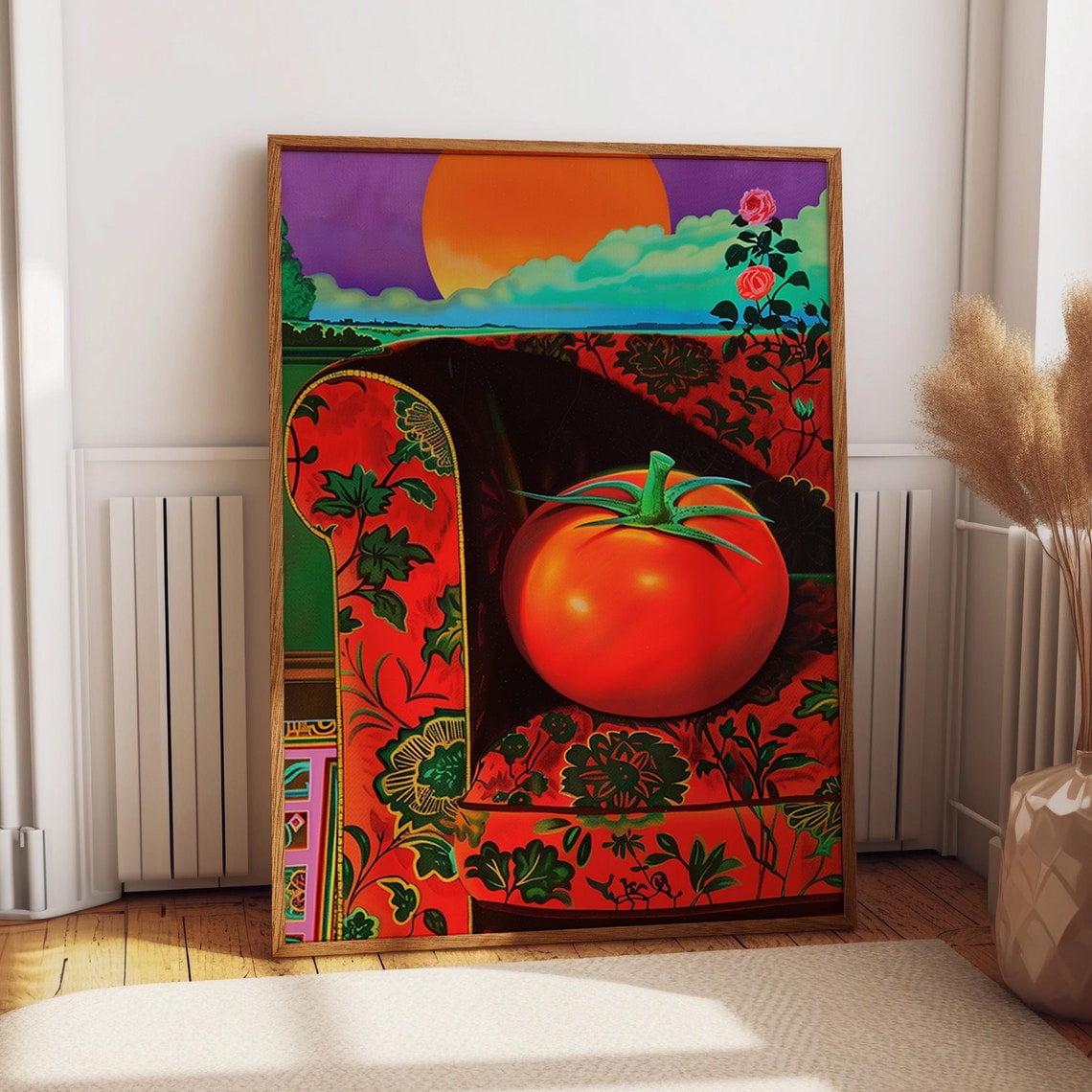 Tomato On Floral Armchair Print - Surreal Still Life Wall Art Poster ...