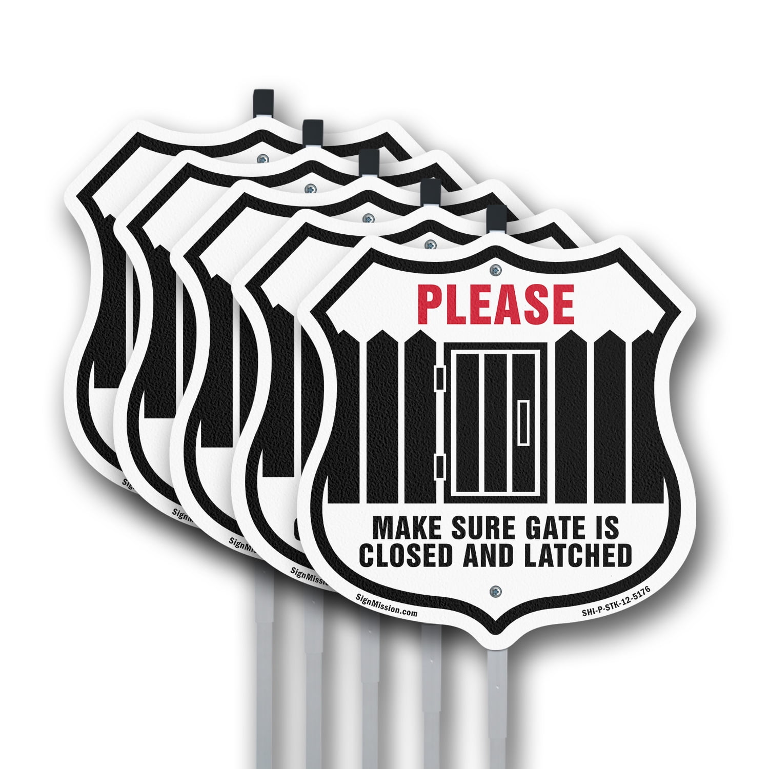 Please Make Sure Gate Is Closed And Latched (5 Pack) 12 inch X 12 inch Shield Shaped Commercial ...