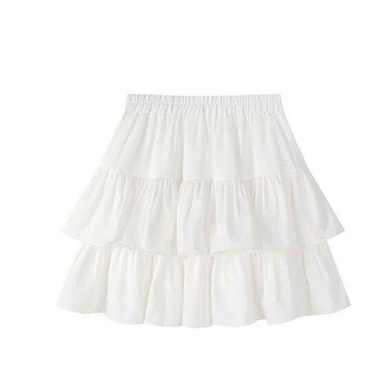 Pleated A-Line Skirt Women White Ruffle Sweet Tierred Pretty Style ...