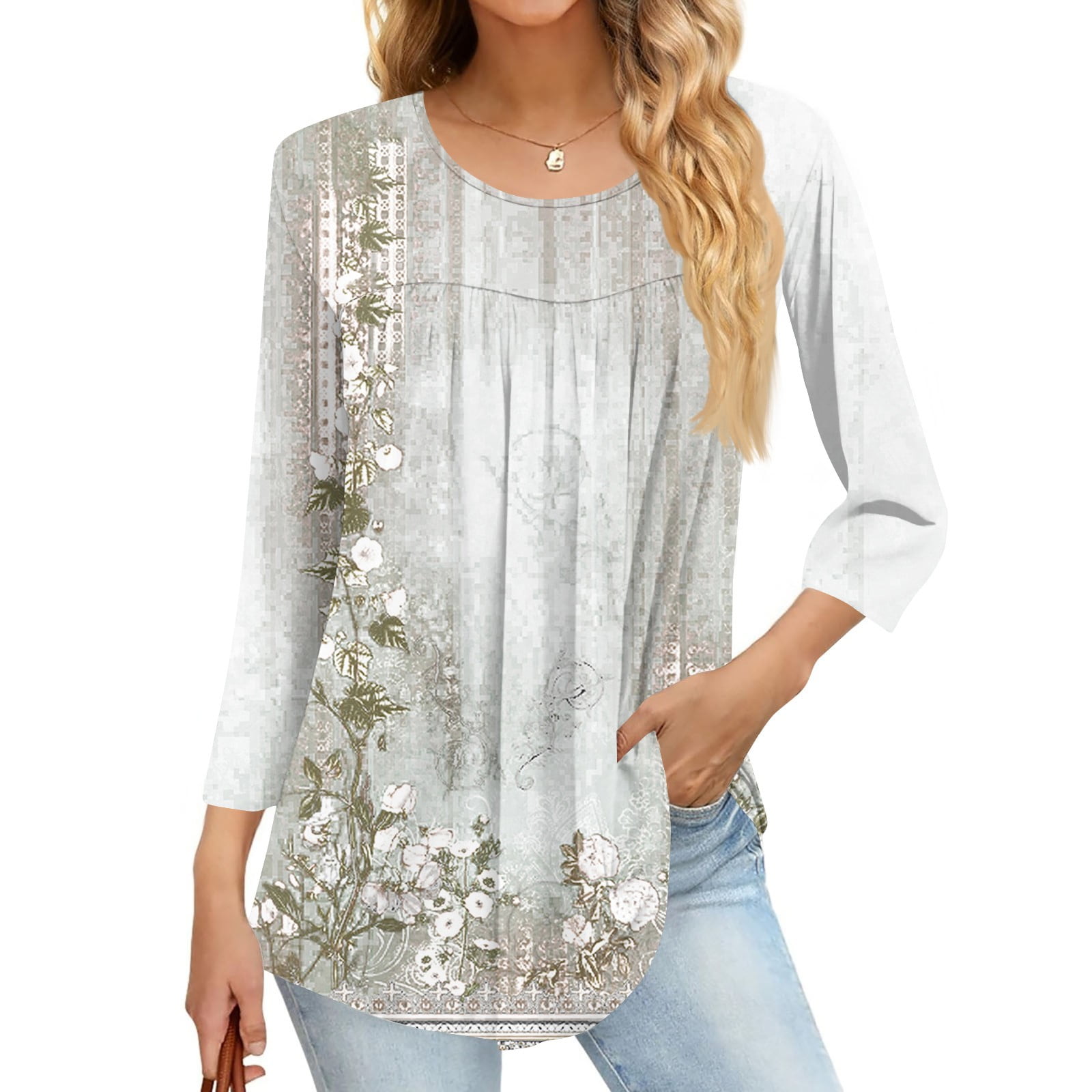 Pleated Blouses for Women 3/4 Sleeve Tunic Tops Dressy Casual Fall ...