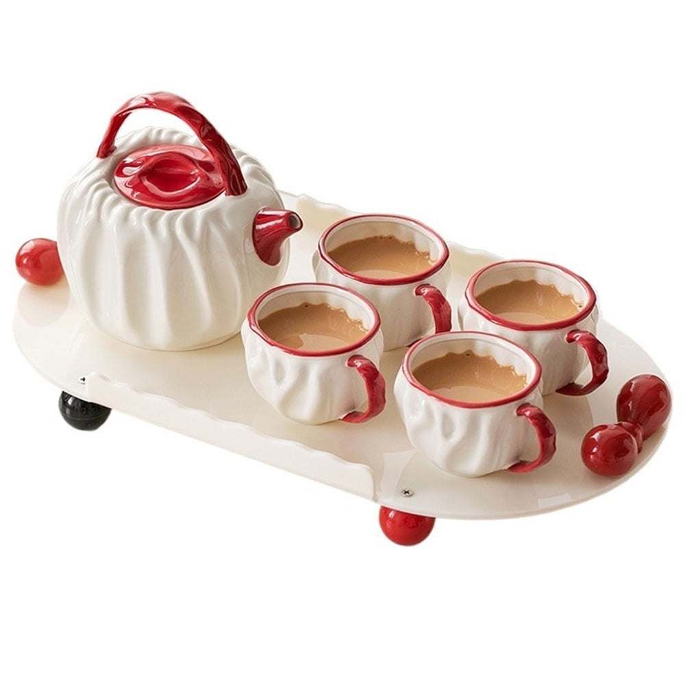 Pleated Design Modern Tea Set, 1 Teapot (25.3oz), 4 Teacups and 1 Tea ...