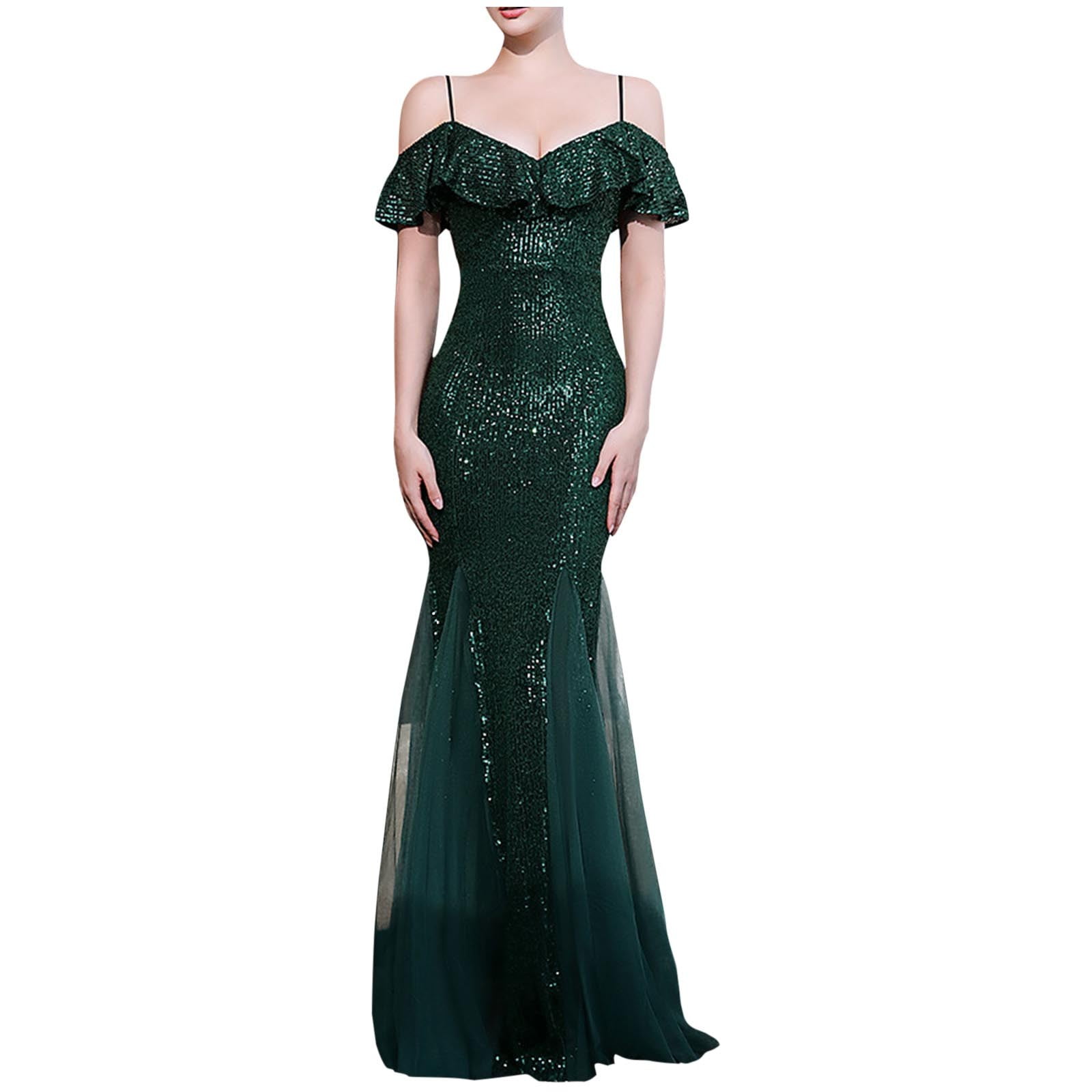 Pleated Dress Sparkly Sequin Prom Dress for Women Long Mermaid off ...